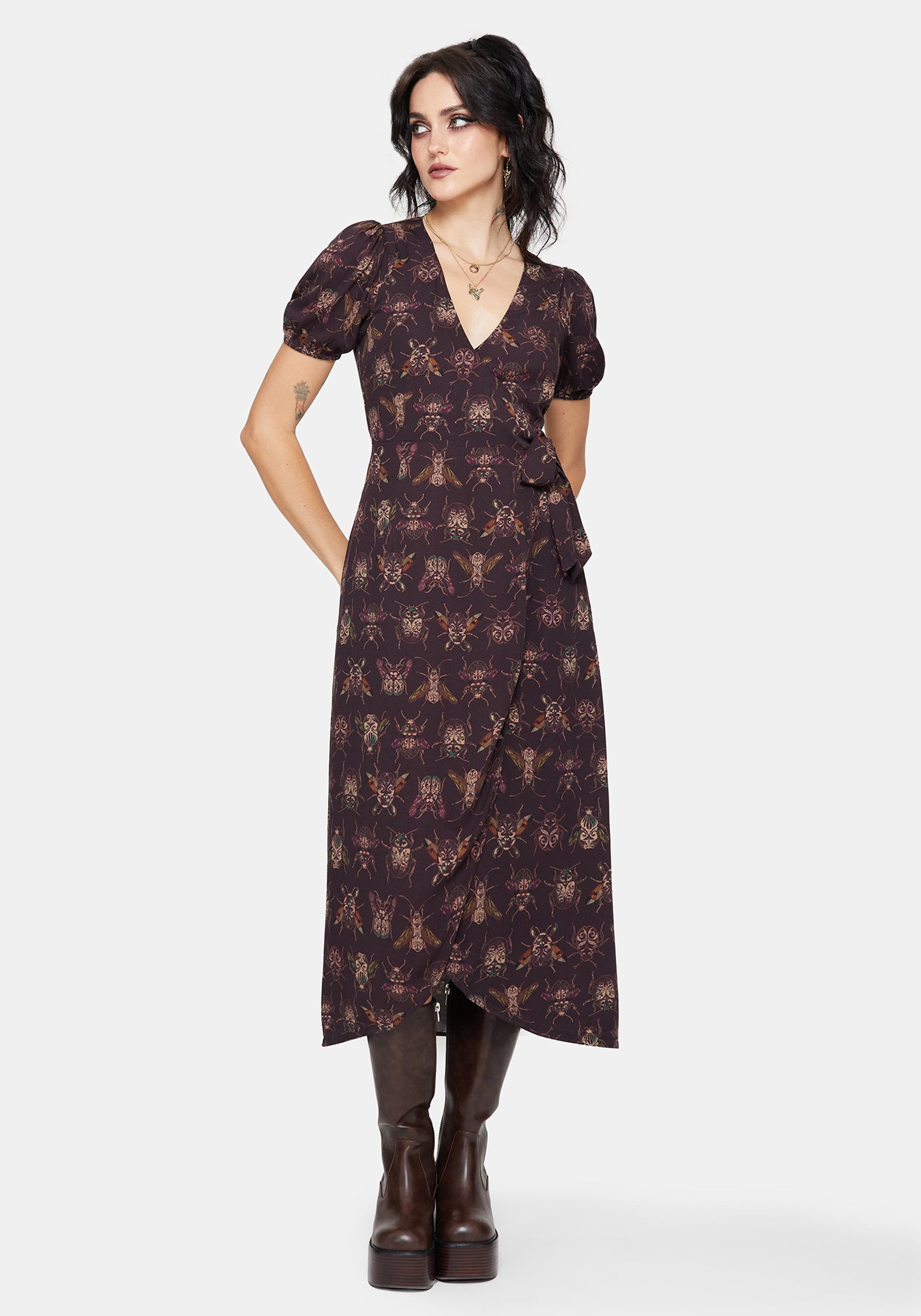 Scorn Bug Printed Wrap Midi Dress – Disturbia