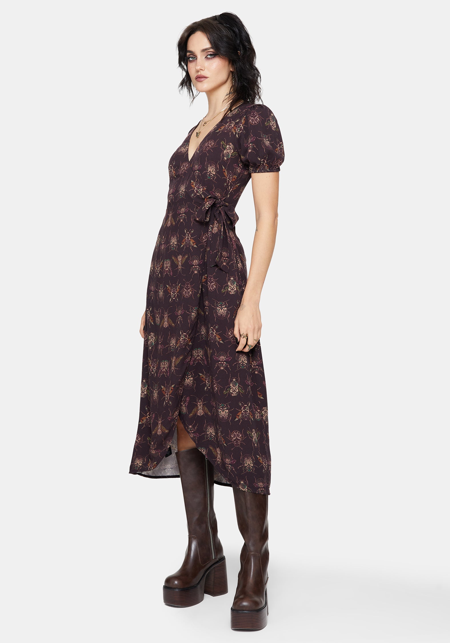 Scorn Bug Printed Wrap Midi Dress – Disturbia