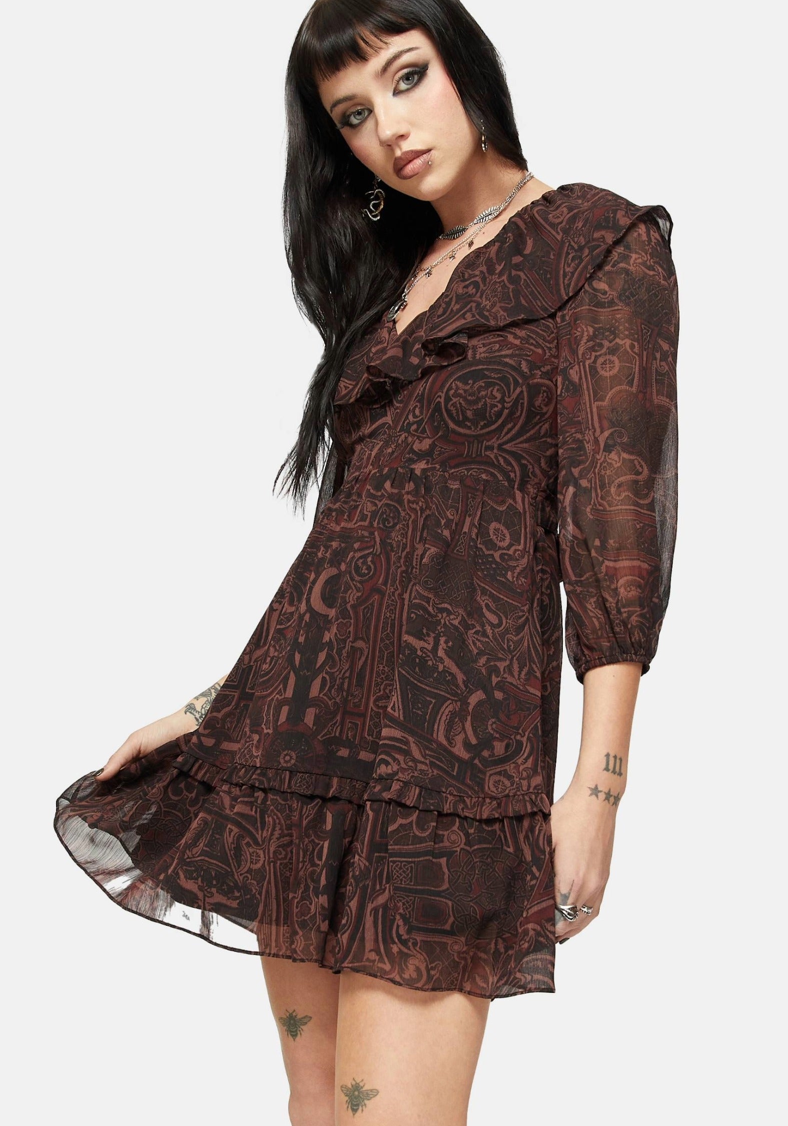 Kells Printed Tie Back Frill Mini Dress – Disturbia