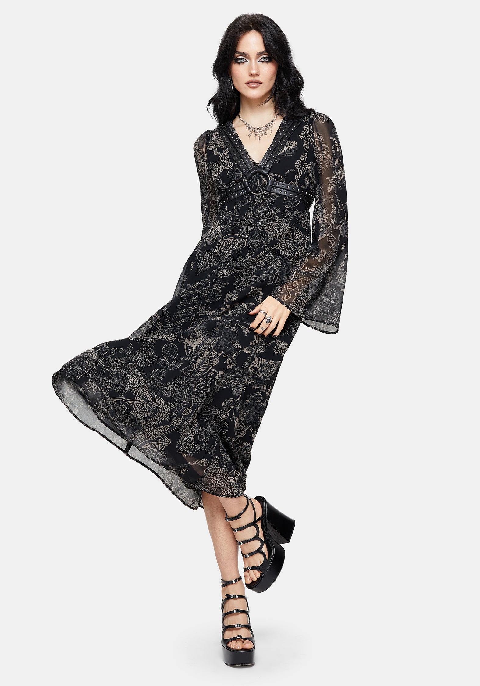 Surge Celtic Print Ruffle Neck Midi Dress – Disturbia