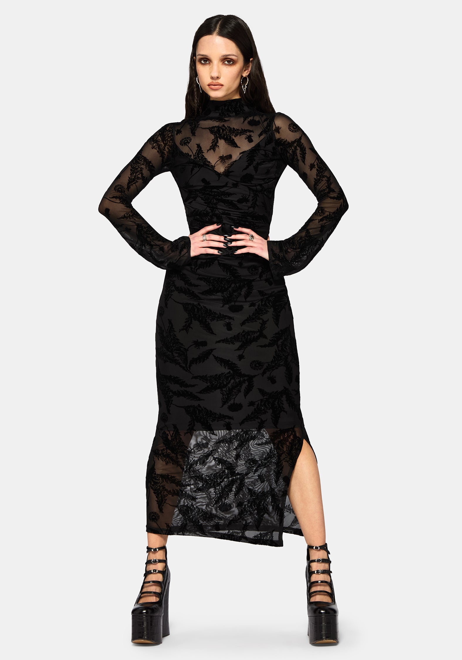 Cimora Dandelion Flocked Mesh Ruched Midaxi Dress – Disturbia
