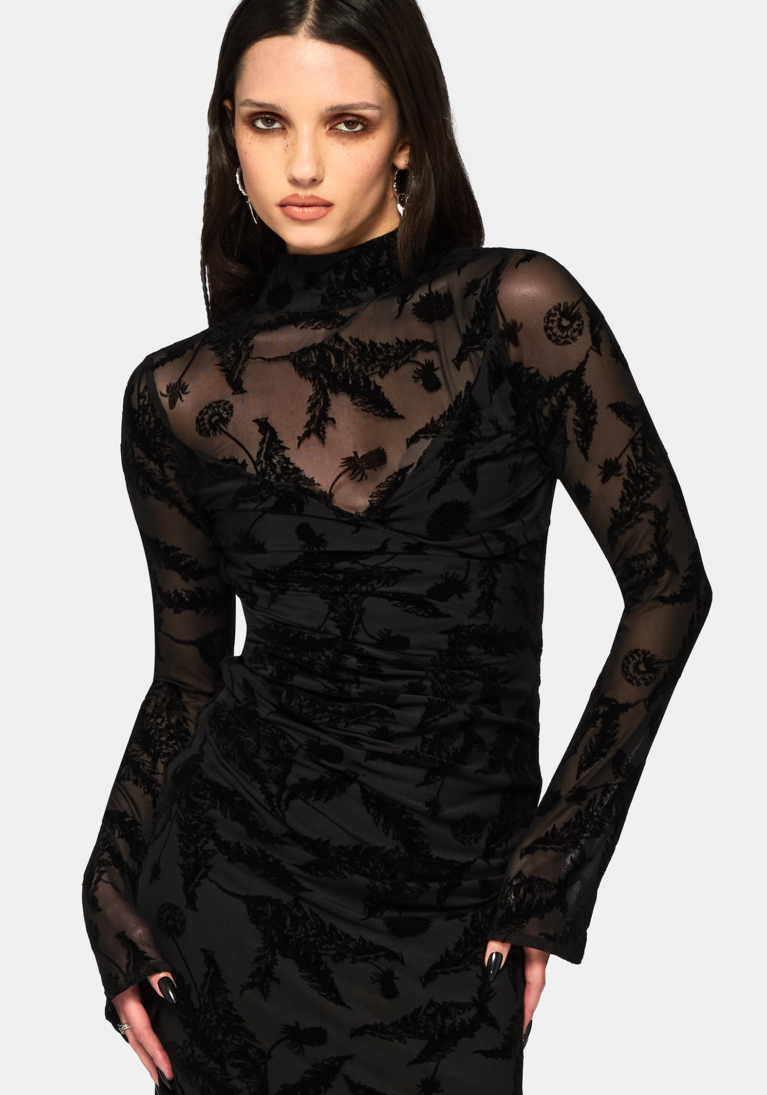Cimora Dandelion Flocked Mesh Ruched Midaxi Dress – Disturbia