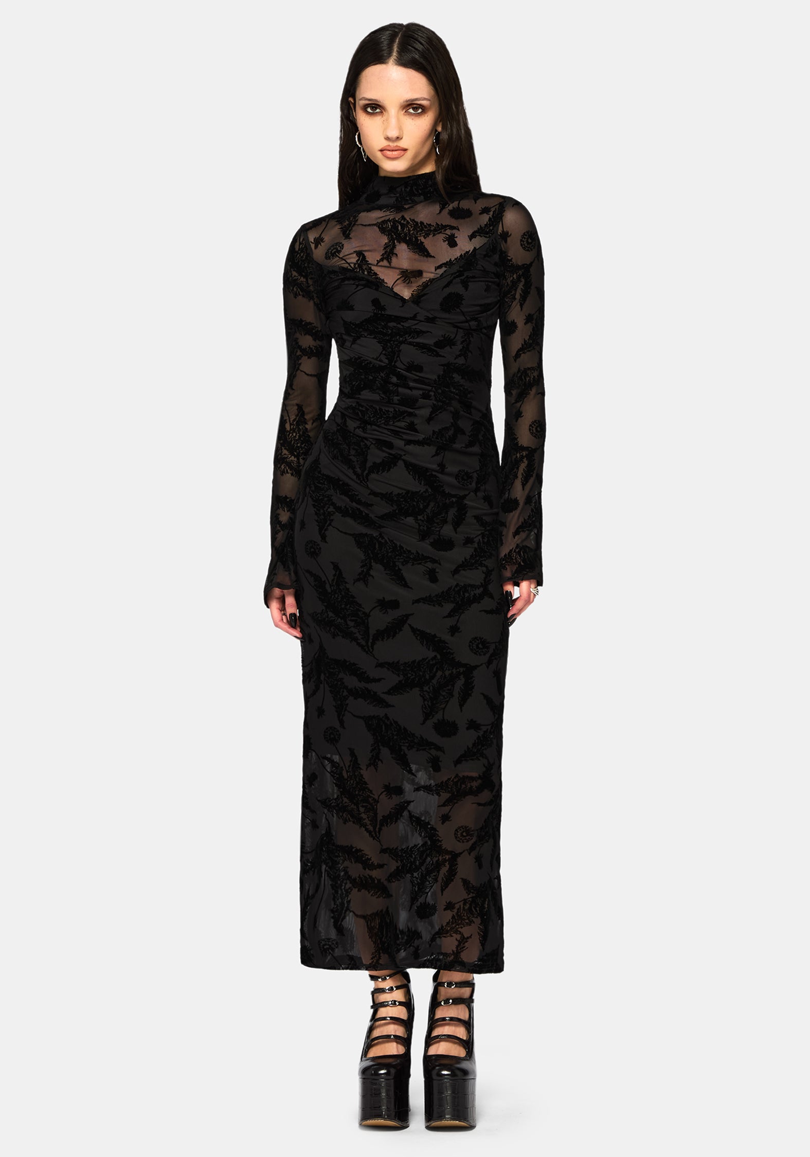 Cimora Dandelion Flocked Mesh Ruched Midaxi Dress – Disturbia