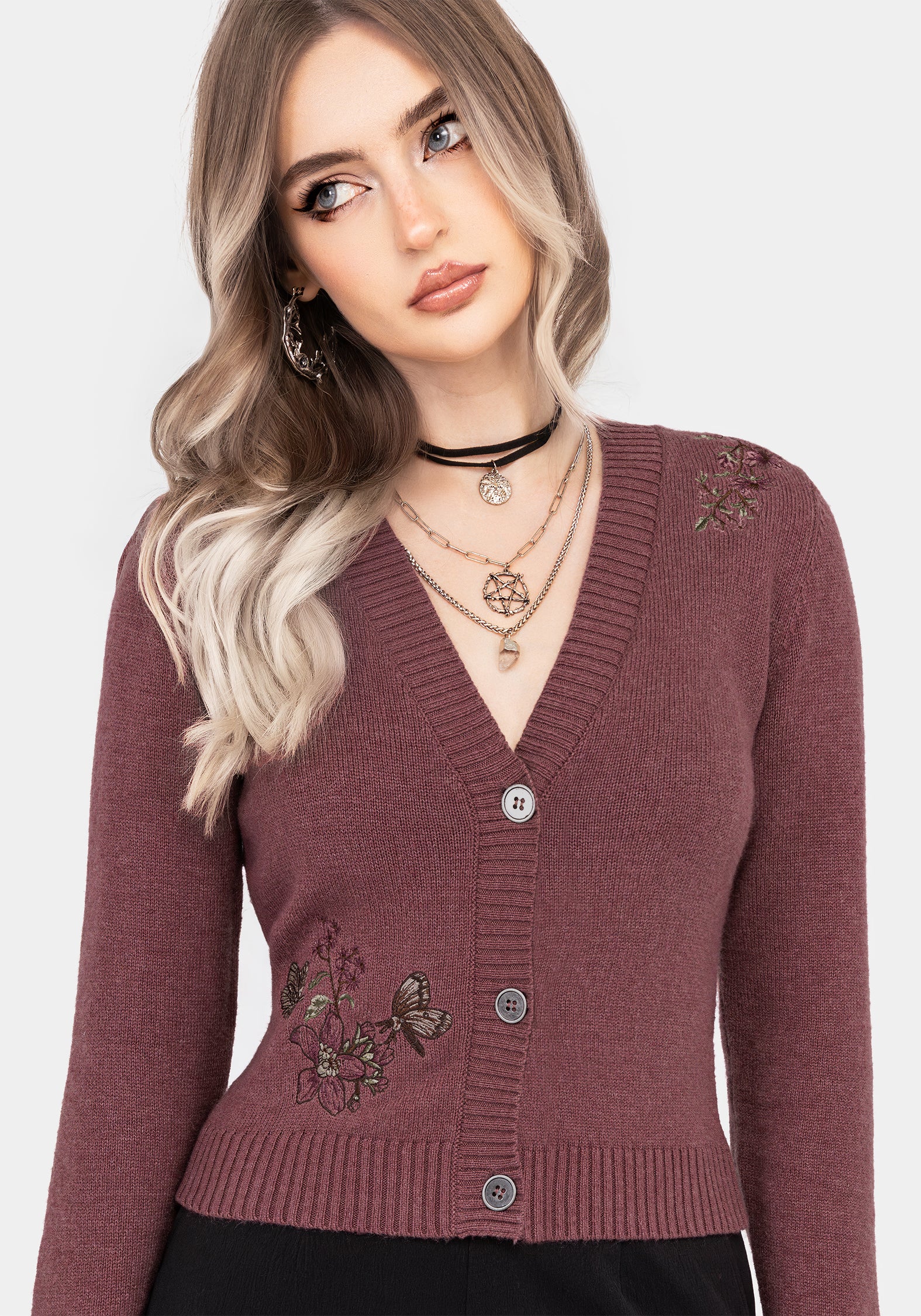 Dana Floral Moth Embroidered Cardigan - Purple – Disturbia