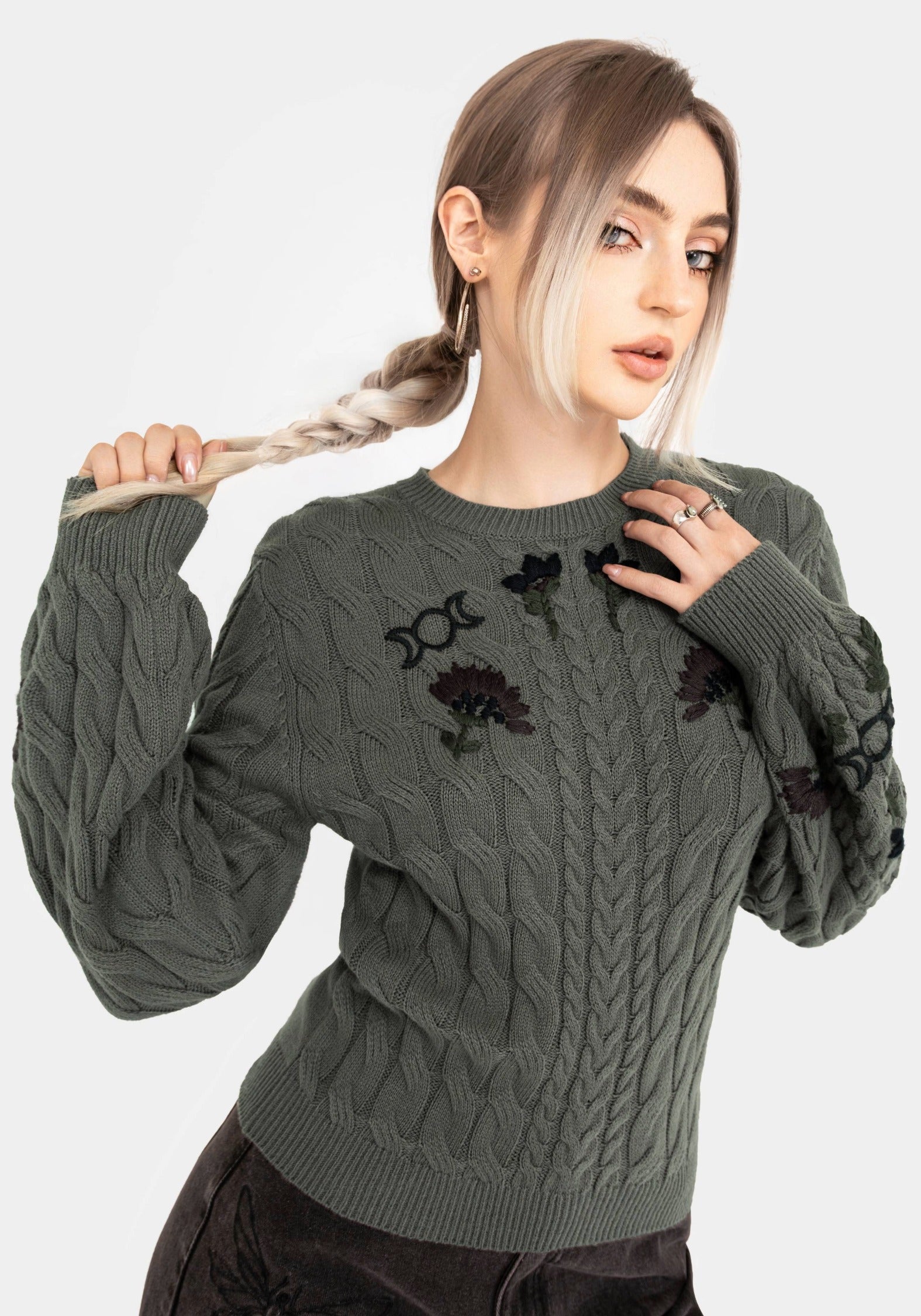 Clara Cotton Floral Embroidered Cable Knit Jumper – Disturbia
