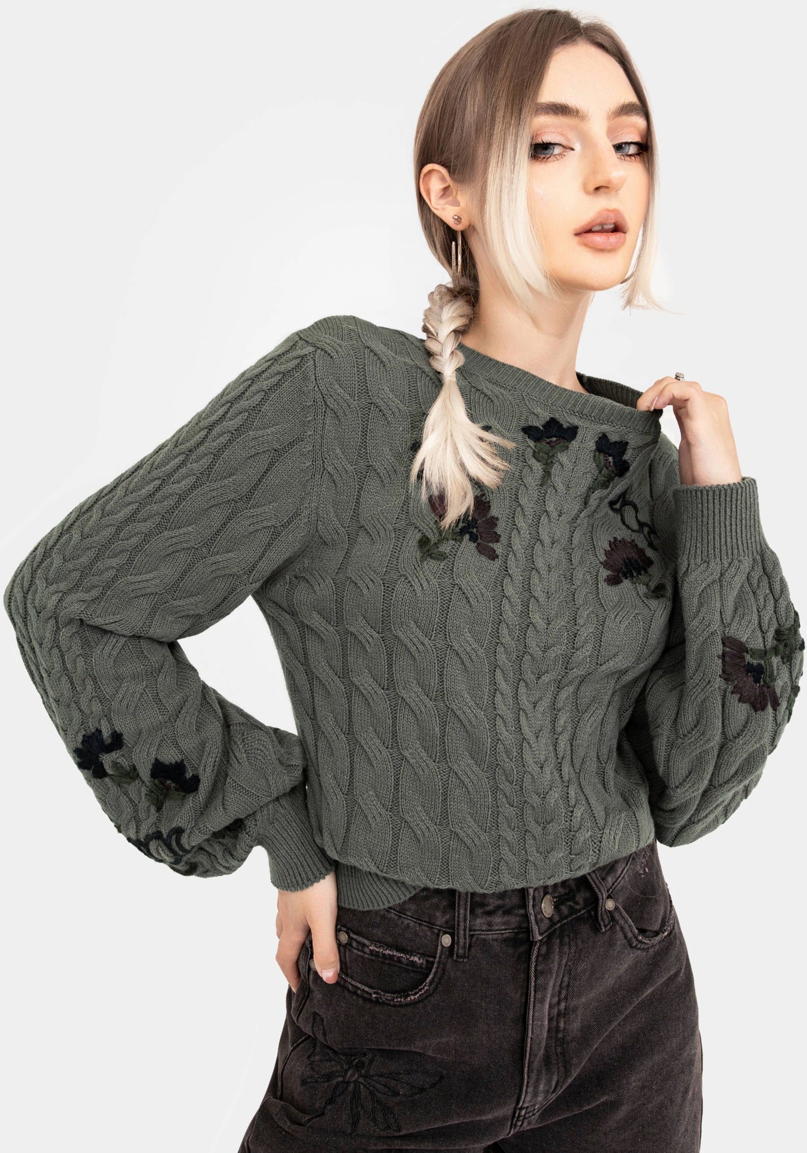 Clara Cotton Floral Embroidered Cable Knit Jumper – Disturbia