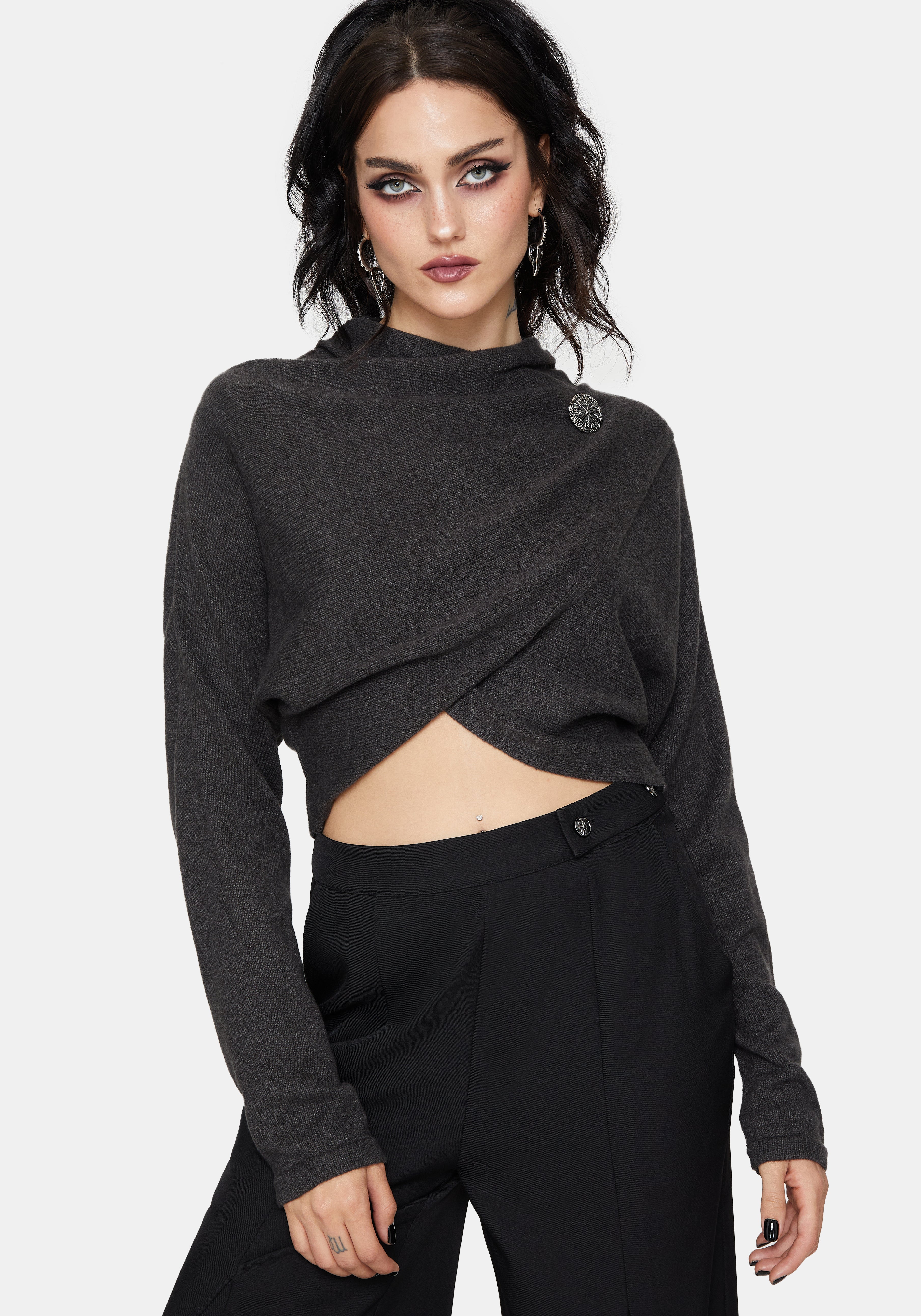 Calliope Wrap Over Cropped Knit Jumper with Brooch – Disturbia