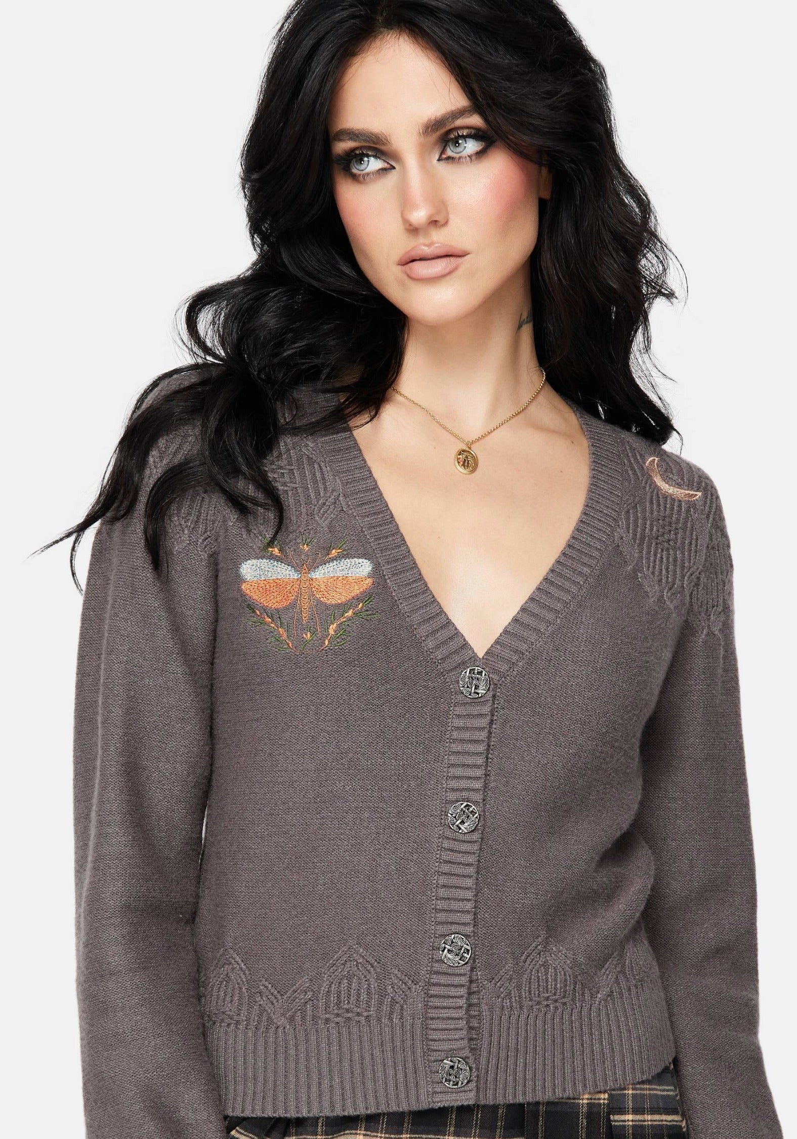 Griffinfly Embroidered Knit Cardigan - Grey – Disturbia