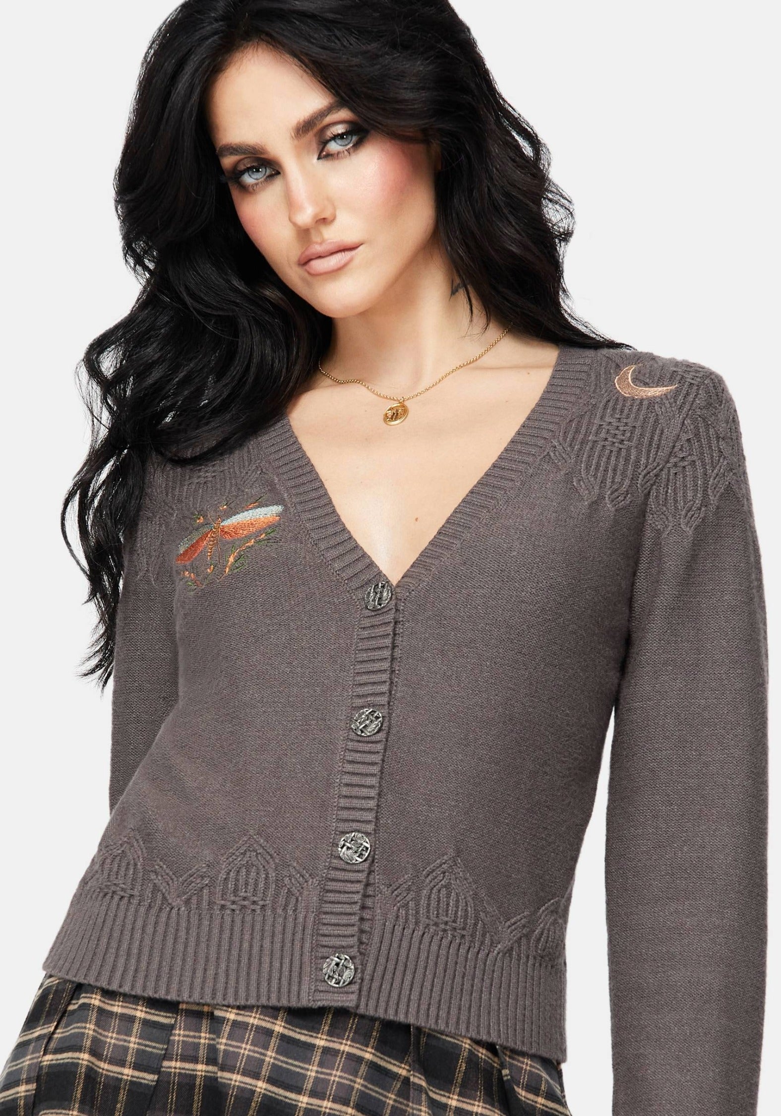 Griffinfly Embroidered Knit Cardigan - Grey – Disturbia