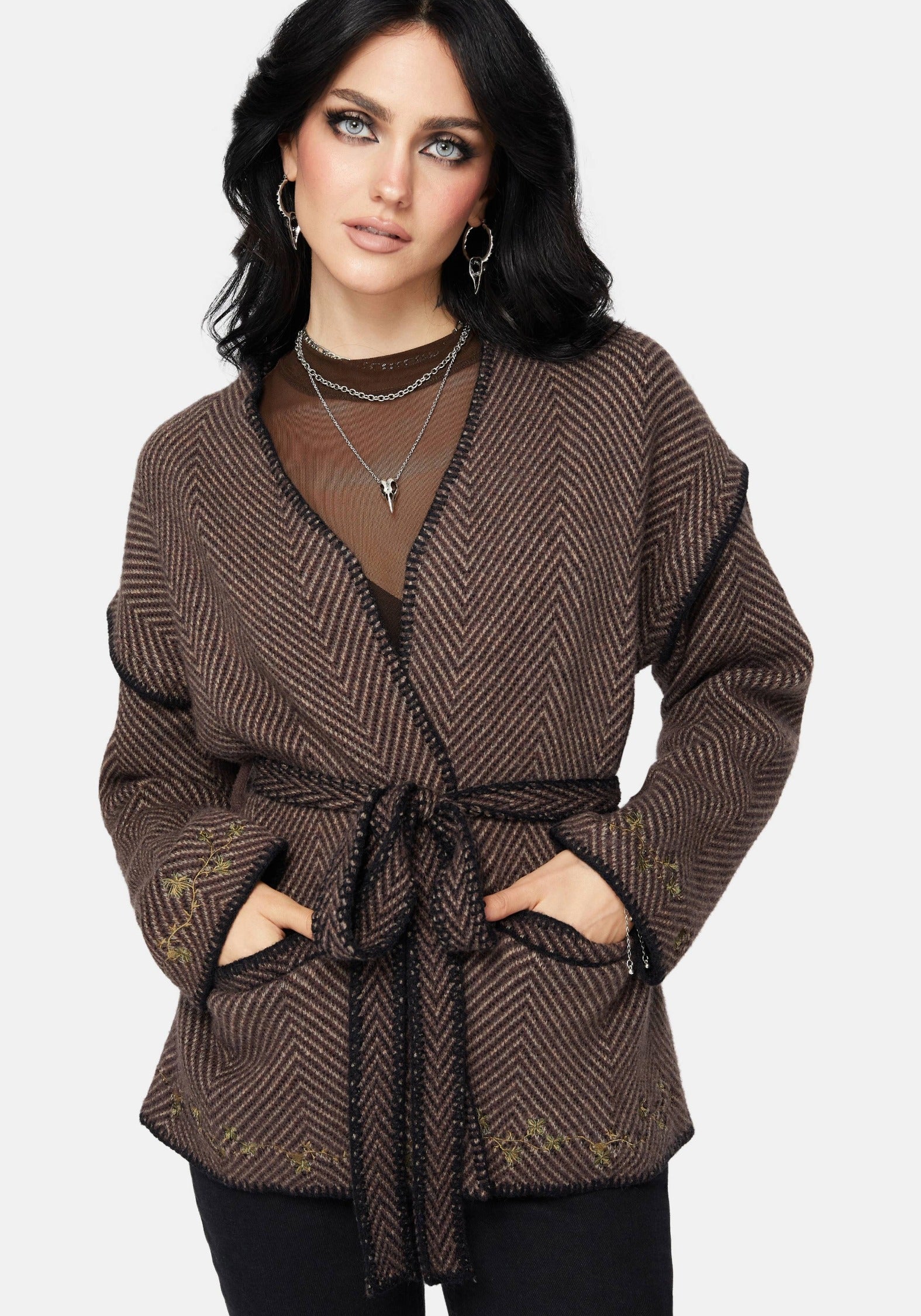 Maraea Belted Herringbone Coatigan – Disturbia