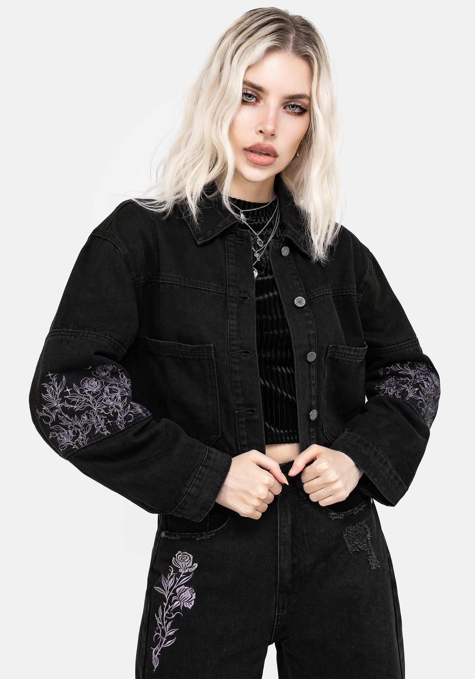 Disturbia | Deadhead Rose Embroidered Denim Carpenter Jacket | Jackets