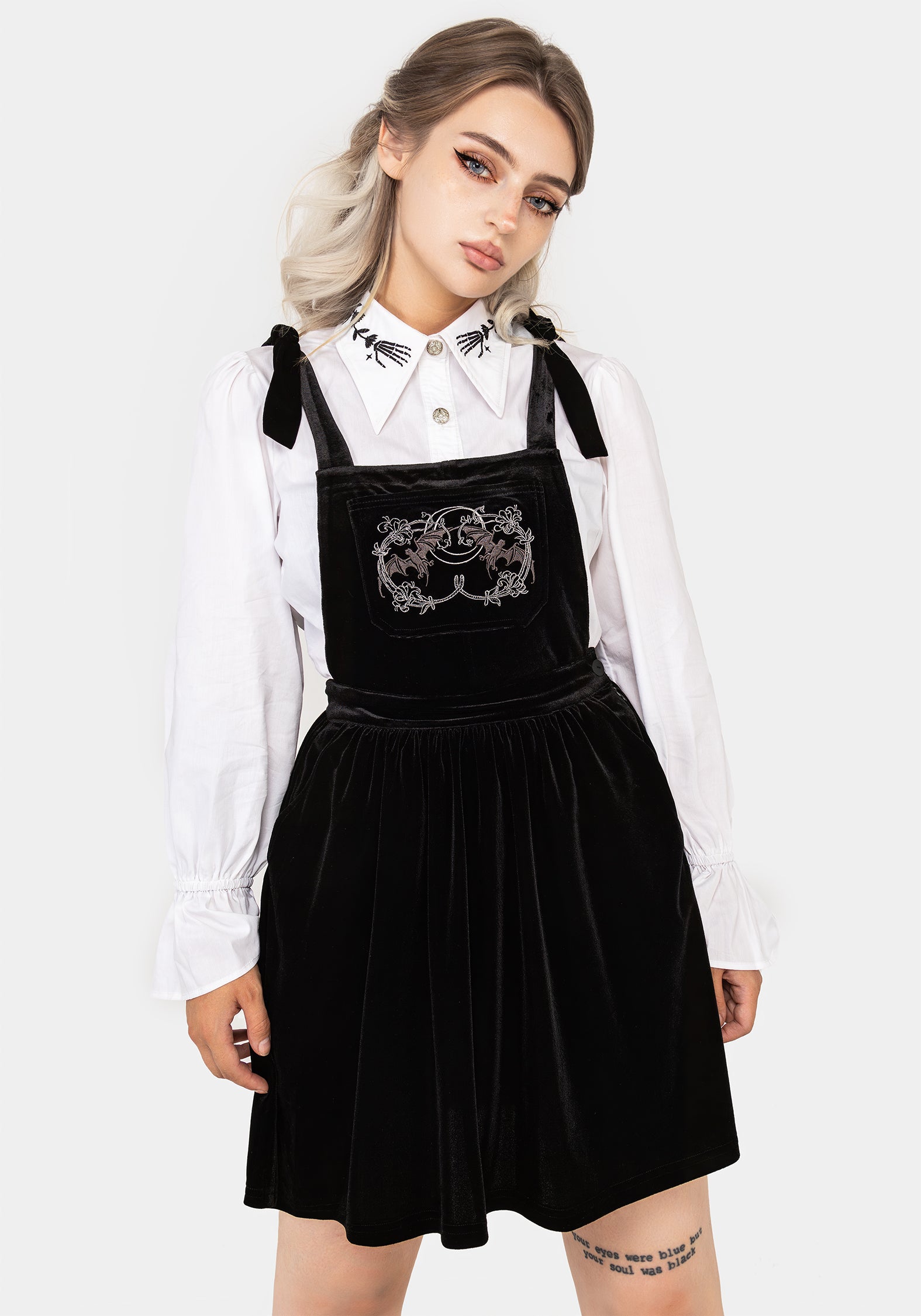 Disturbia | Vampyrum Bat Embroidered Mini Pinafore Dress | Dresses