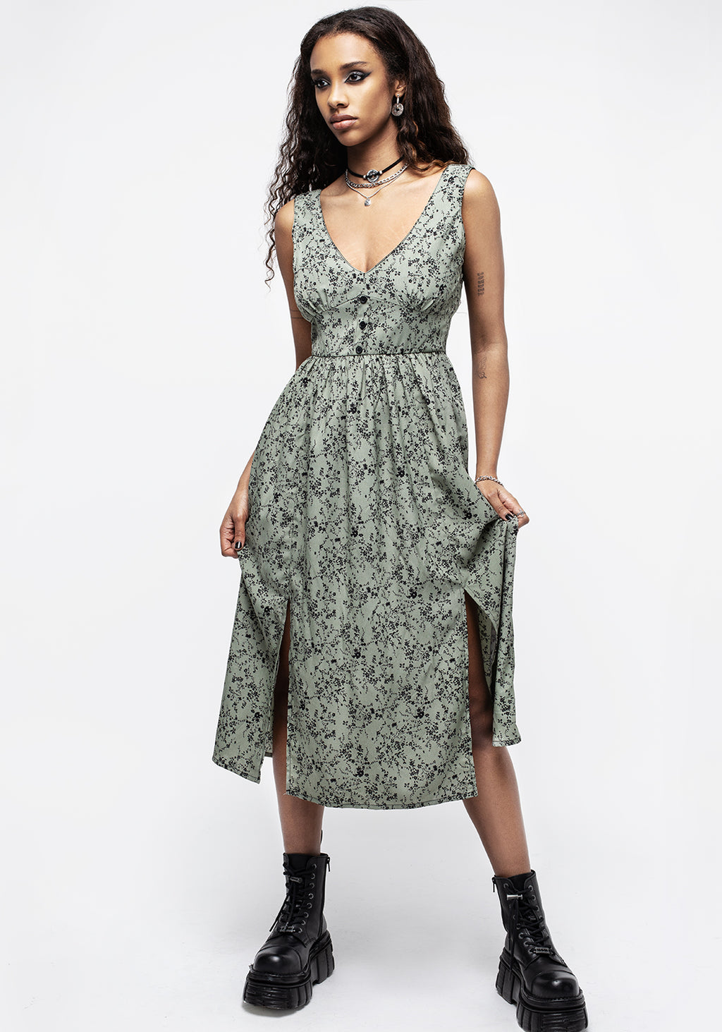 Disturbia | Cassie Green Floral Corset Button Midi Split Dress | Dresses