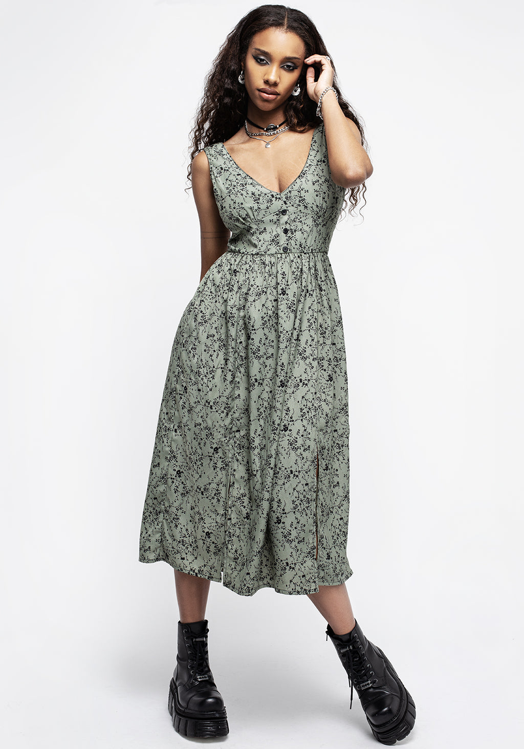 Disturbia | Cassie Green Floral Corset Button Midi Split Dress | Dresses