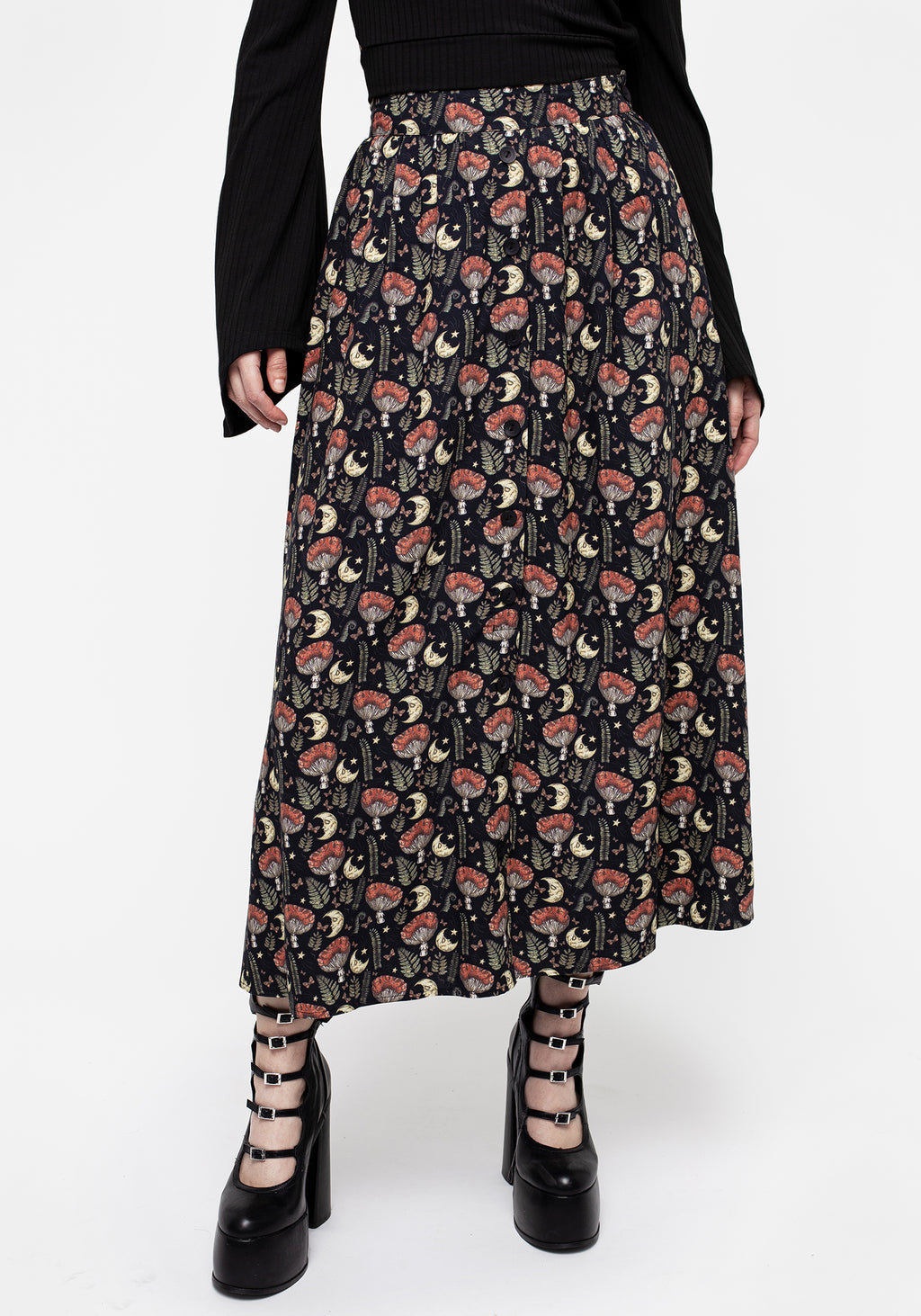 Disturbia | Dreamfast Mushroom Moon Print Button Up Midaxi Skirt | Skirts