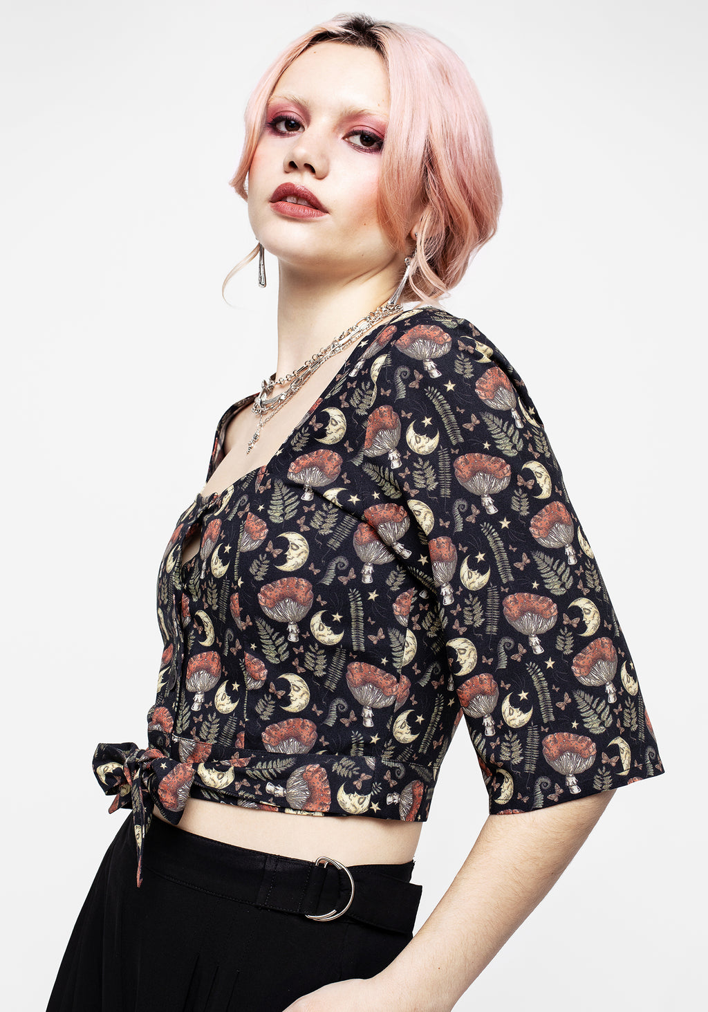 Disturbia | Dreamfast Mushroom Moon Print Button Up Tie Crop Top | Shirts