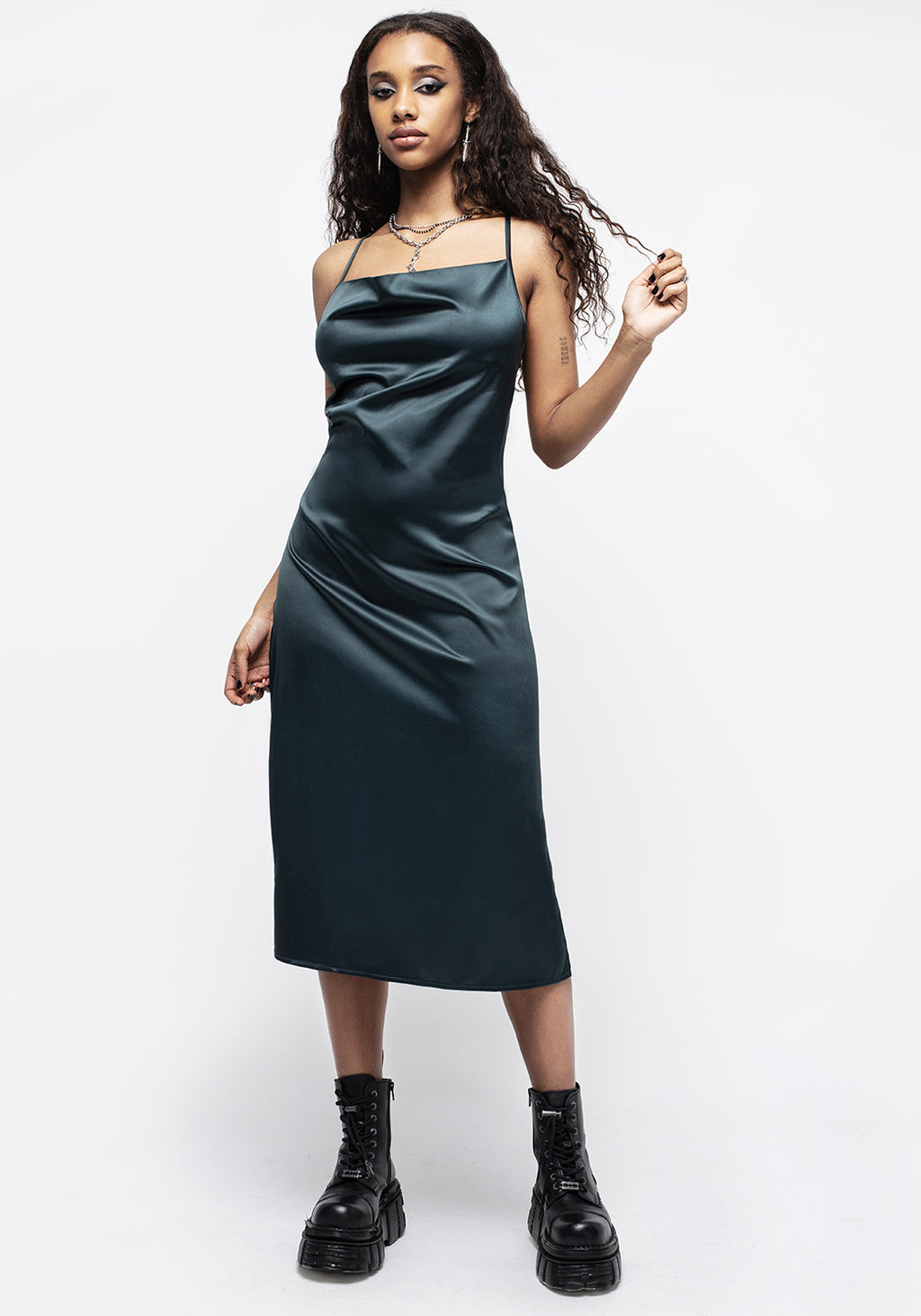 Disturbia | Medeina Cowl Neck Satin Midi Slip Dress - Green | Dresses