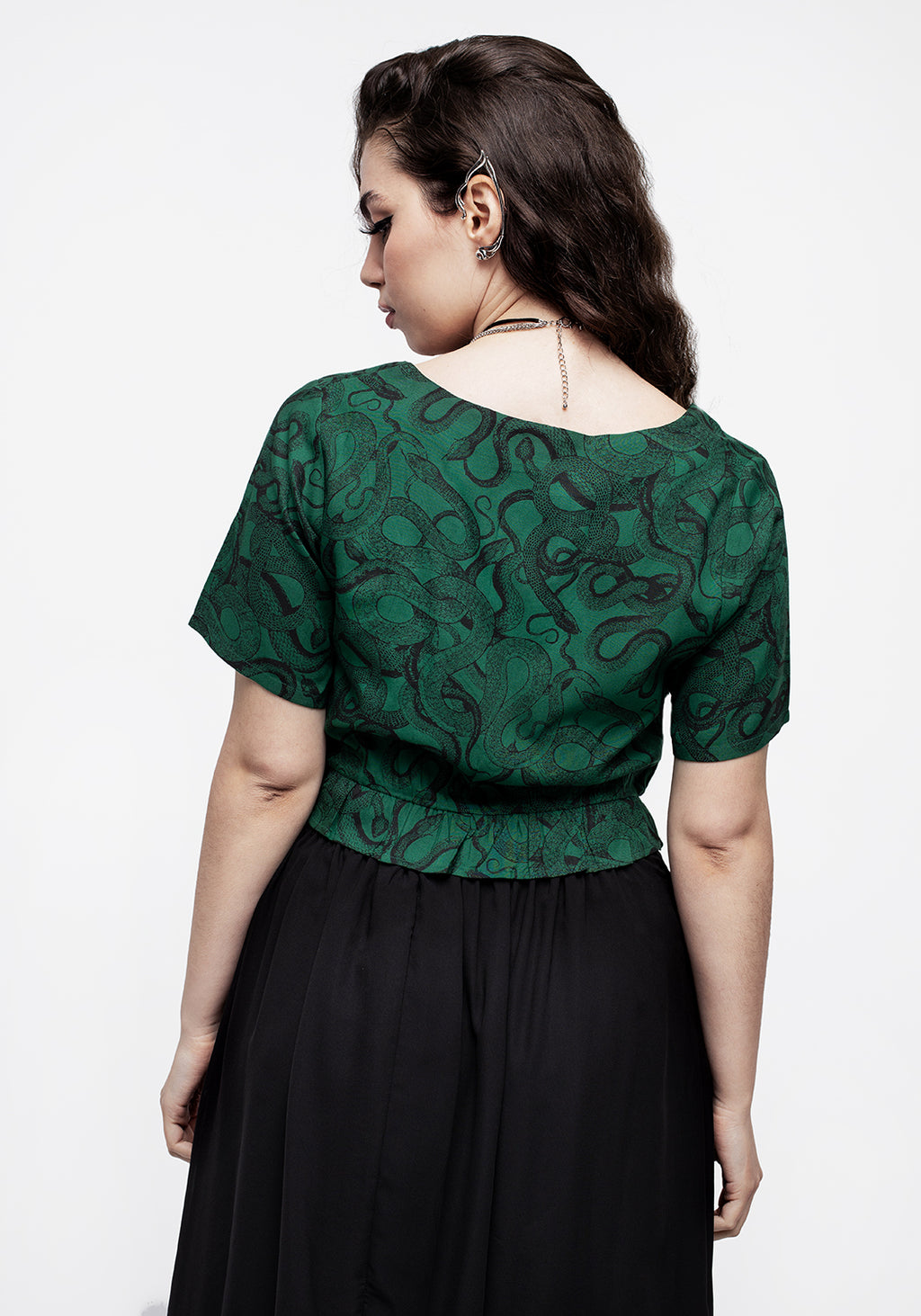 Disturbia | Ophidia Snake Print Tie Detail Crop Top - Green | Tops