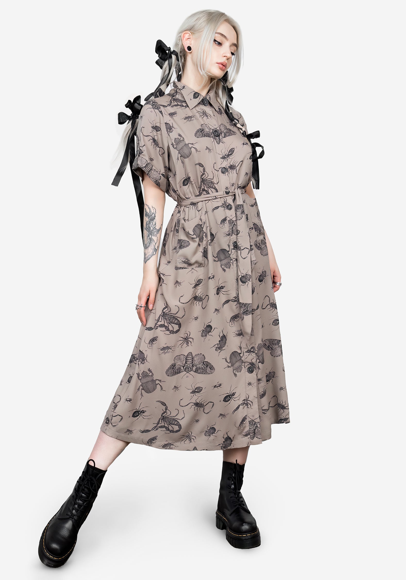 Parasite Bugs Print Midi Short Sleeve Shirt Dress - Taupe – Disturbia
