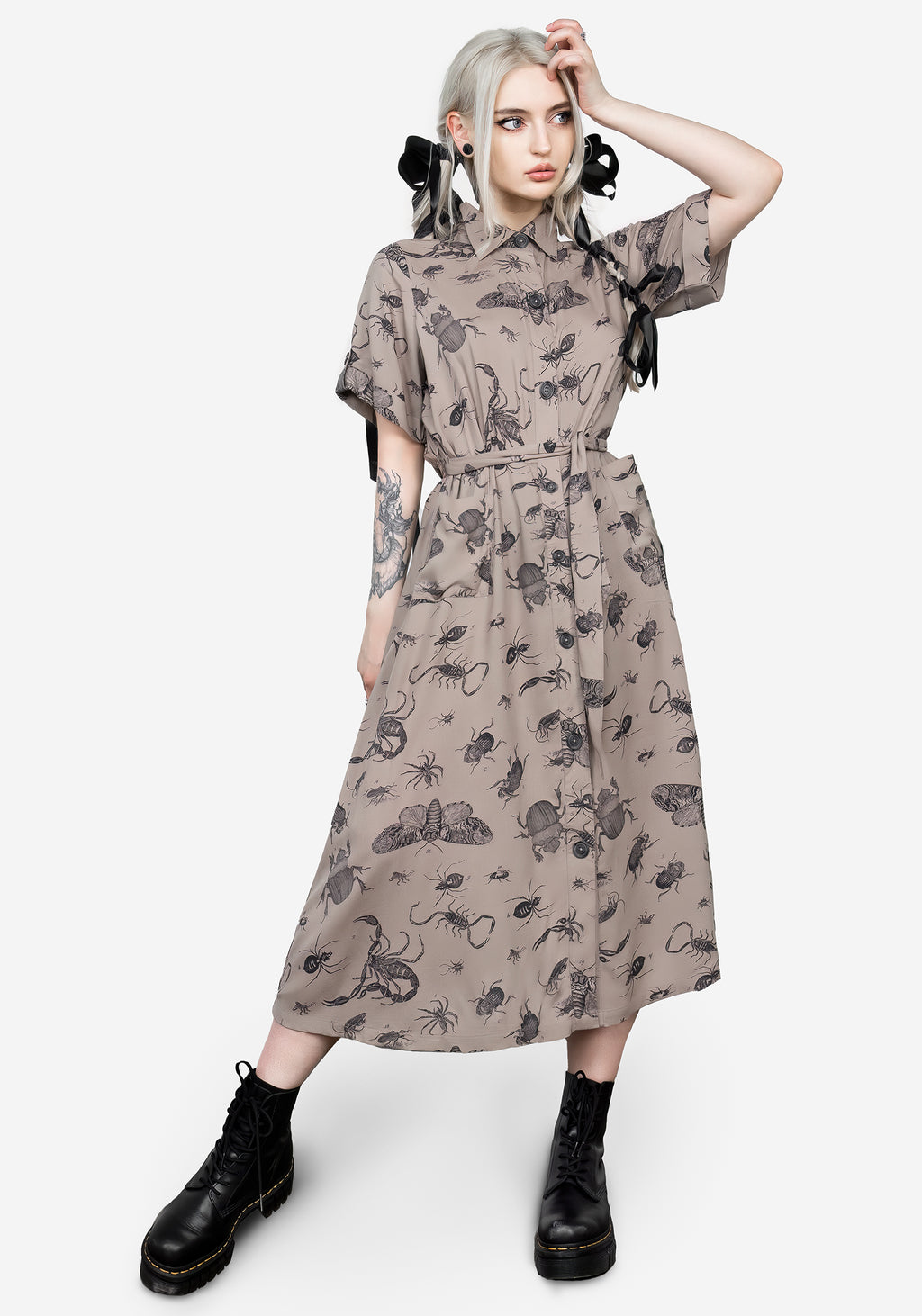 Parasite Bugs Print Midi Short Sleeve Shirt Dress - Taupe – Disturbia