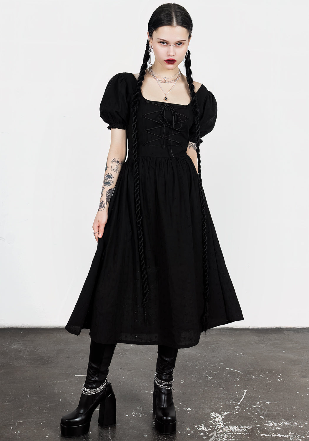 Disturbia | Litha Lace Up Broderie Midi Dress | Dresses