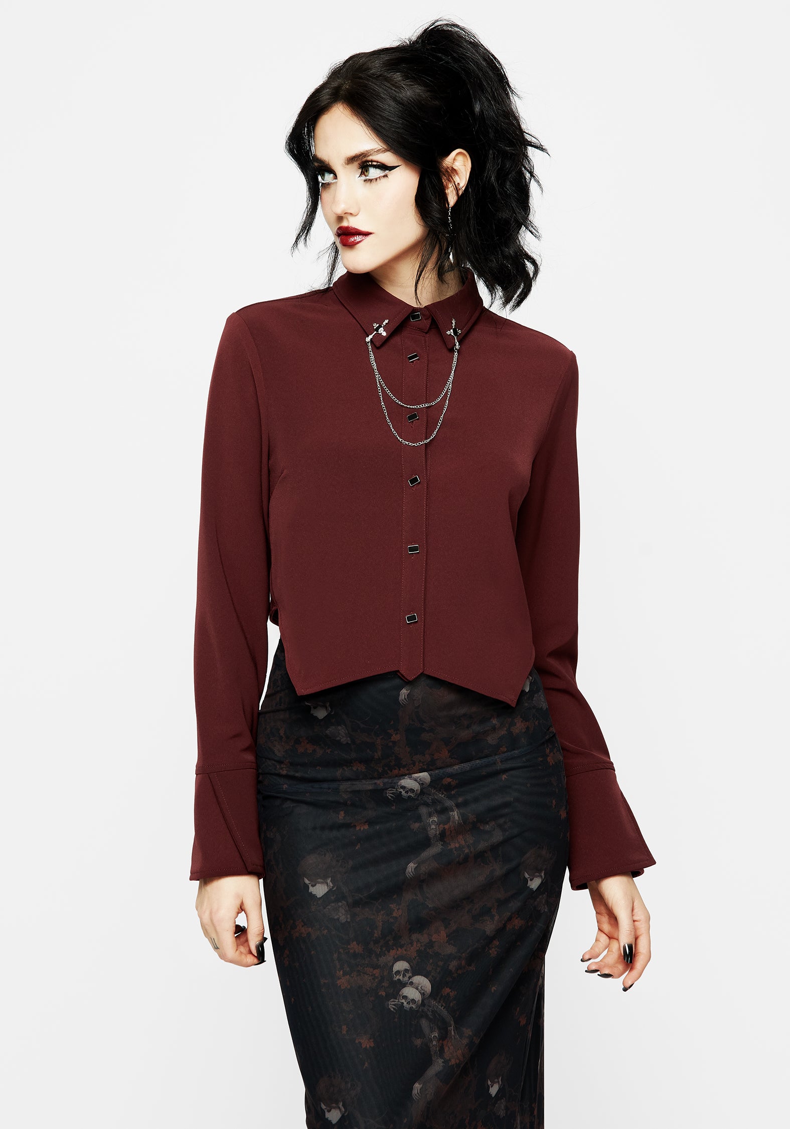 Disturbia | Resurrection Cross Chain Collared Crop Shirt | Shirts