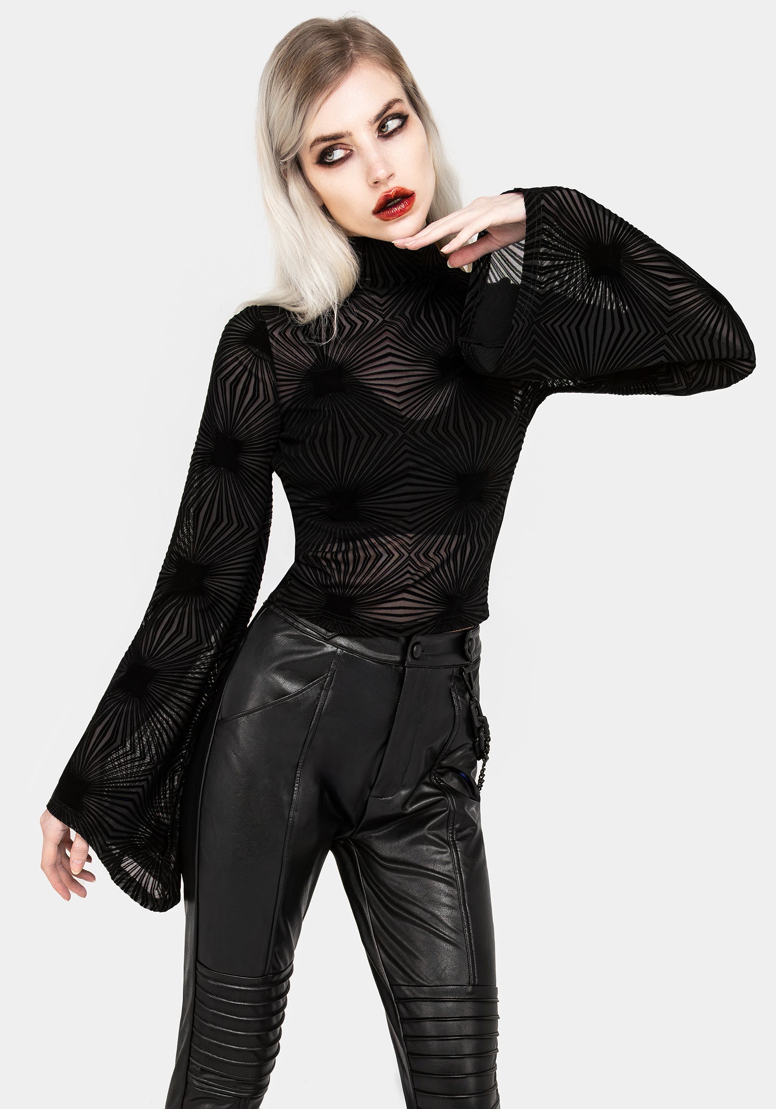 Disturbia | Strobe Flocked Mesh Flare Sleeve Top | Tops
