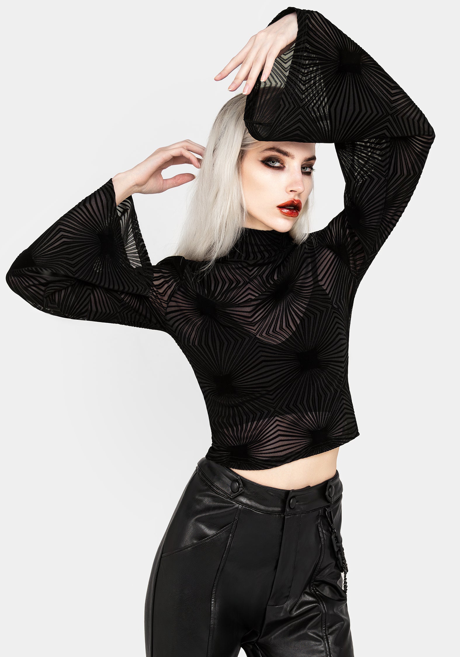 Disturbia | Strobe Flocked Mesh Flare Sleeve Top | Tops
