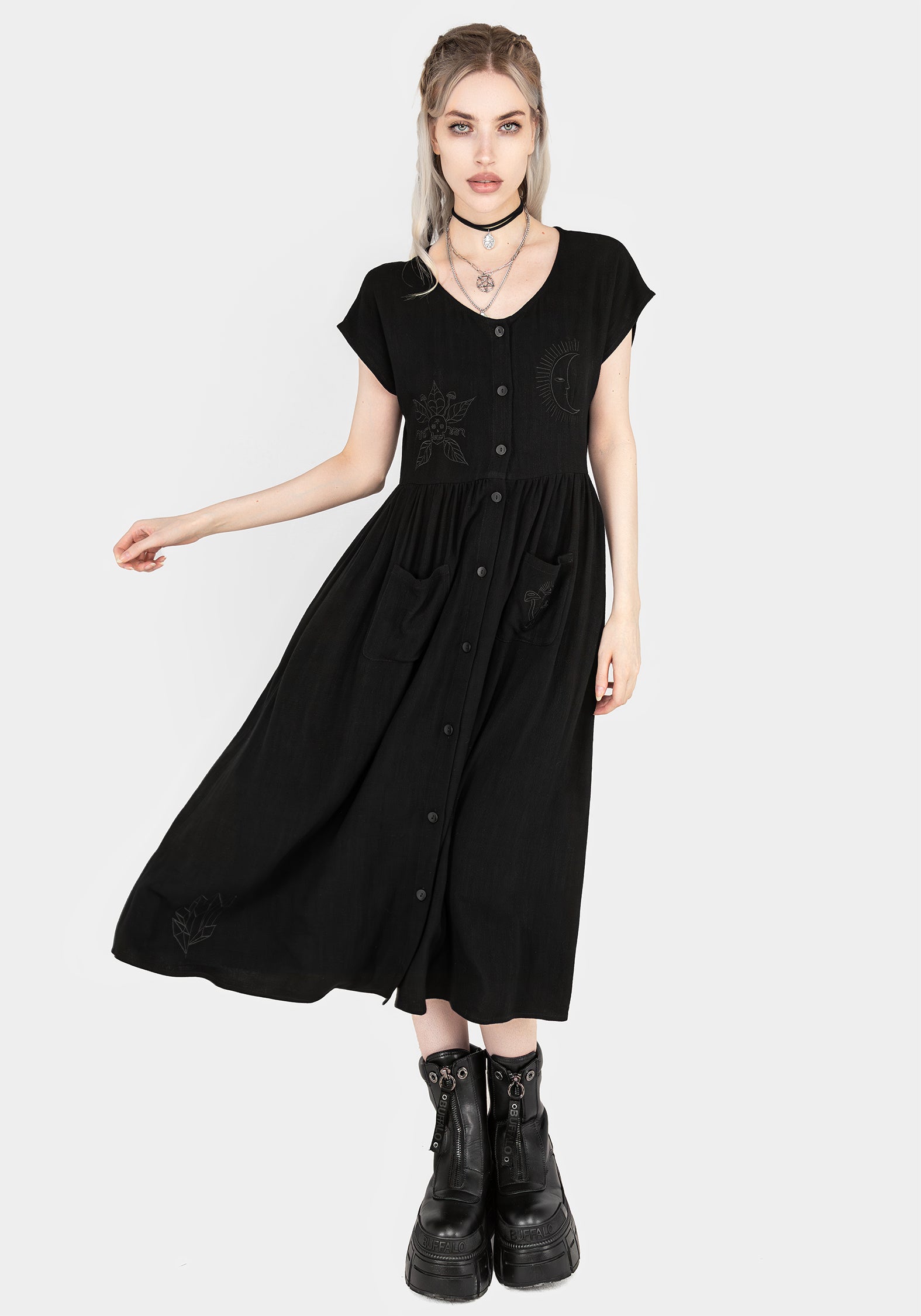 Disturbia | Scutellaria Embroidered Button Up Midi Dress | Dresses