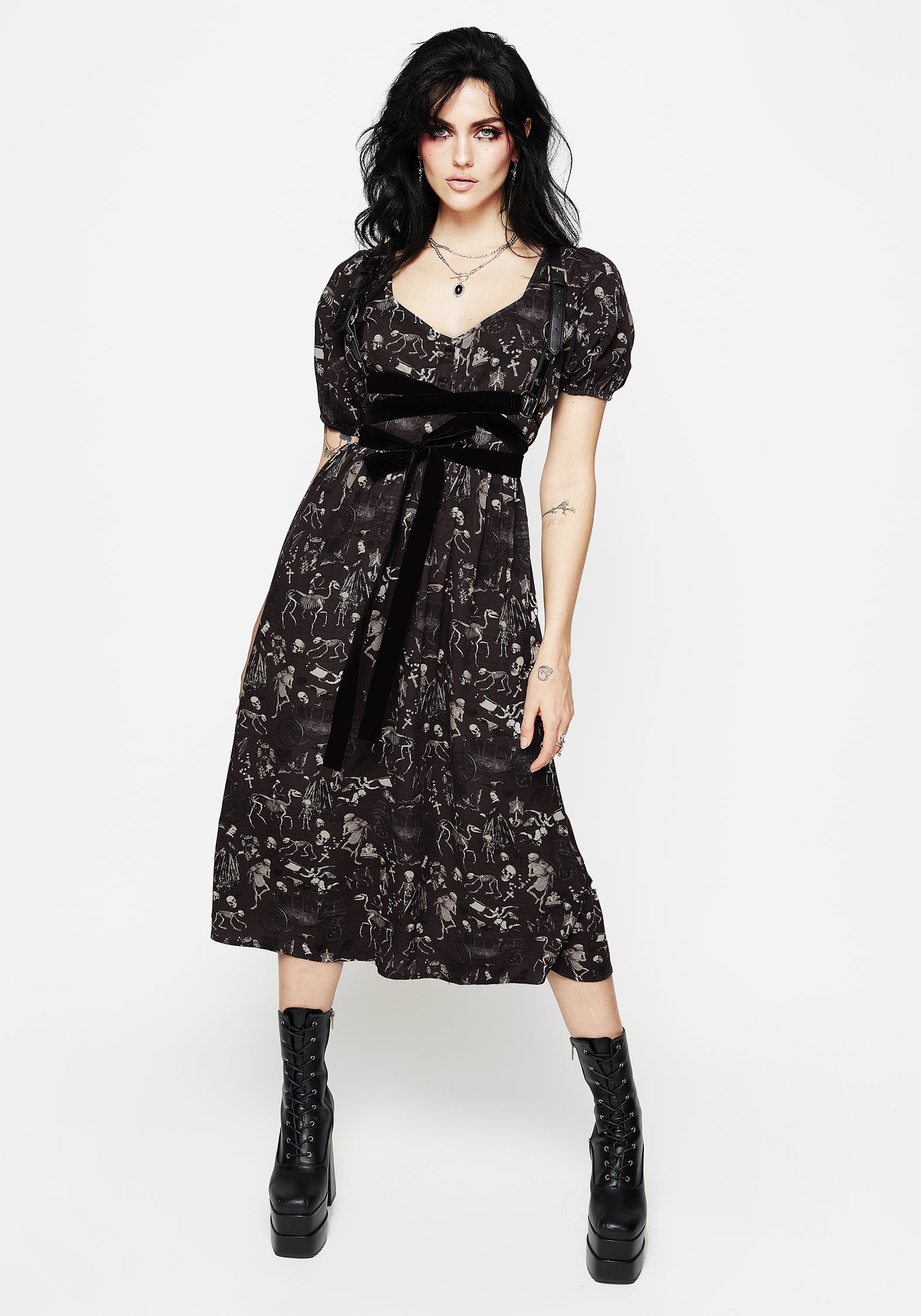 Disturbia | Melancholia Button Detail Puff Sleeve Midi Dress | Dresses