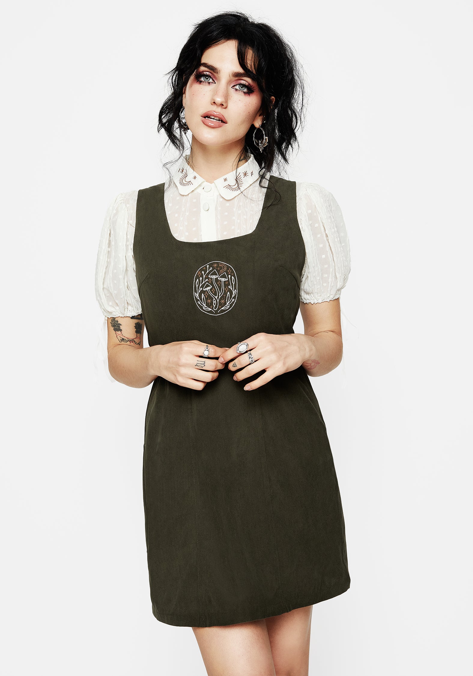 Disturbia | Mycelium Embroidered Mini Pinafore Dress | Dresses