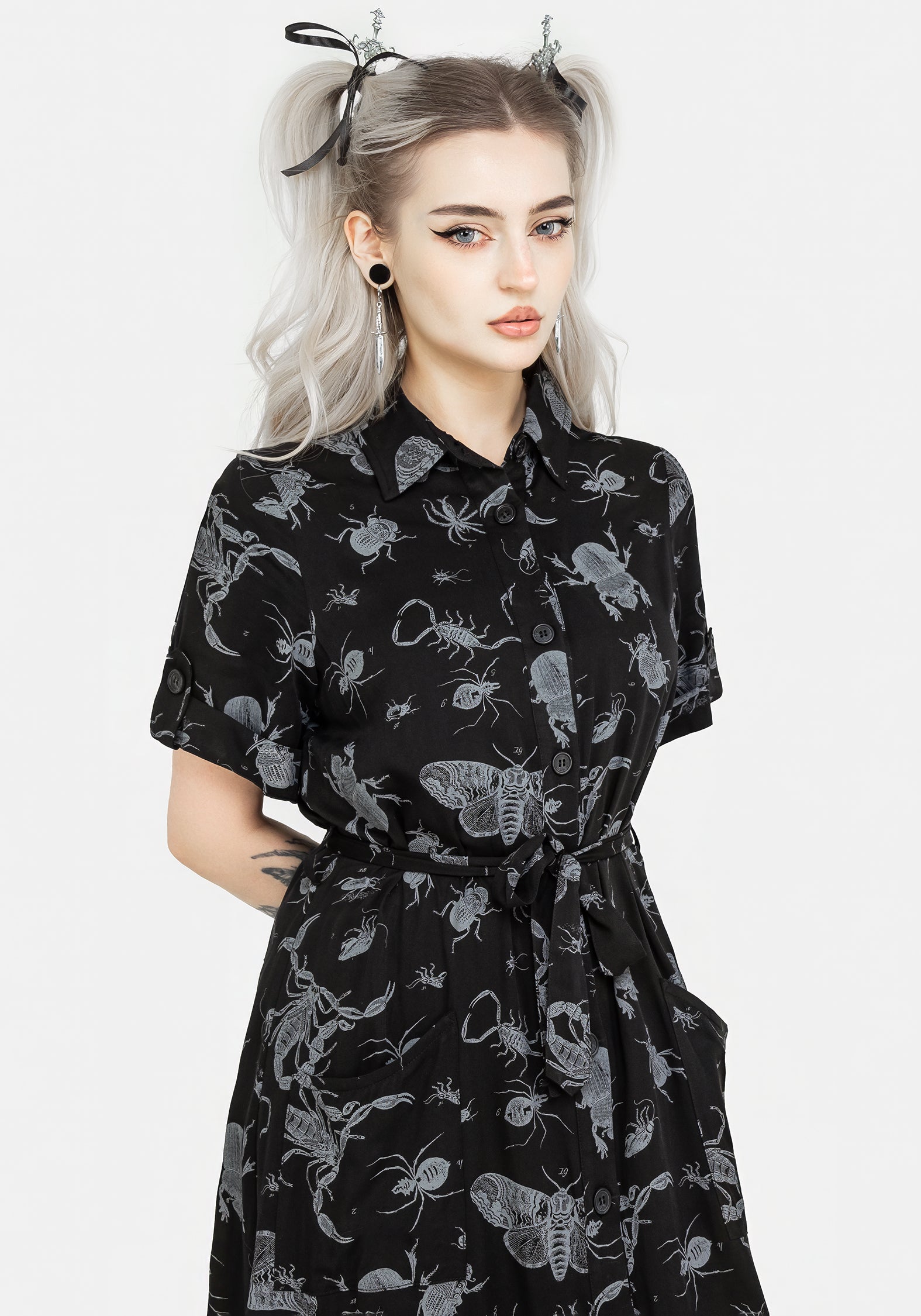 Disturbia | Parasite Bugs Short Sleeve Midi Shirt Dress - Black | Dresses