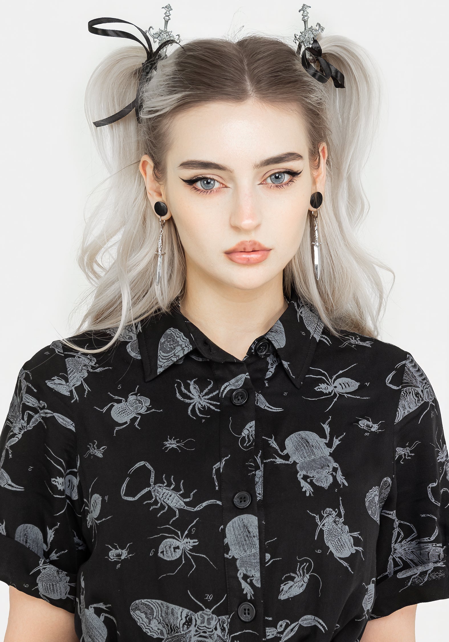 Disturbia | Parasite Bugs Short Sleeve Midi Shirt Dress - Black | Dresses