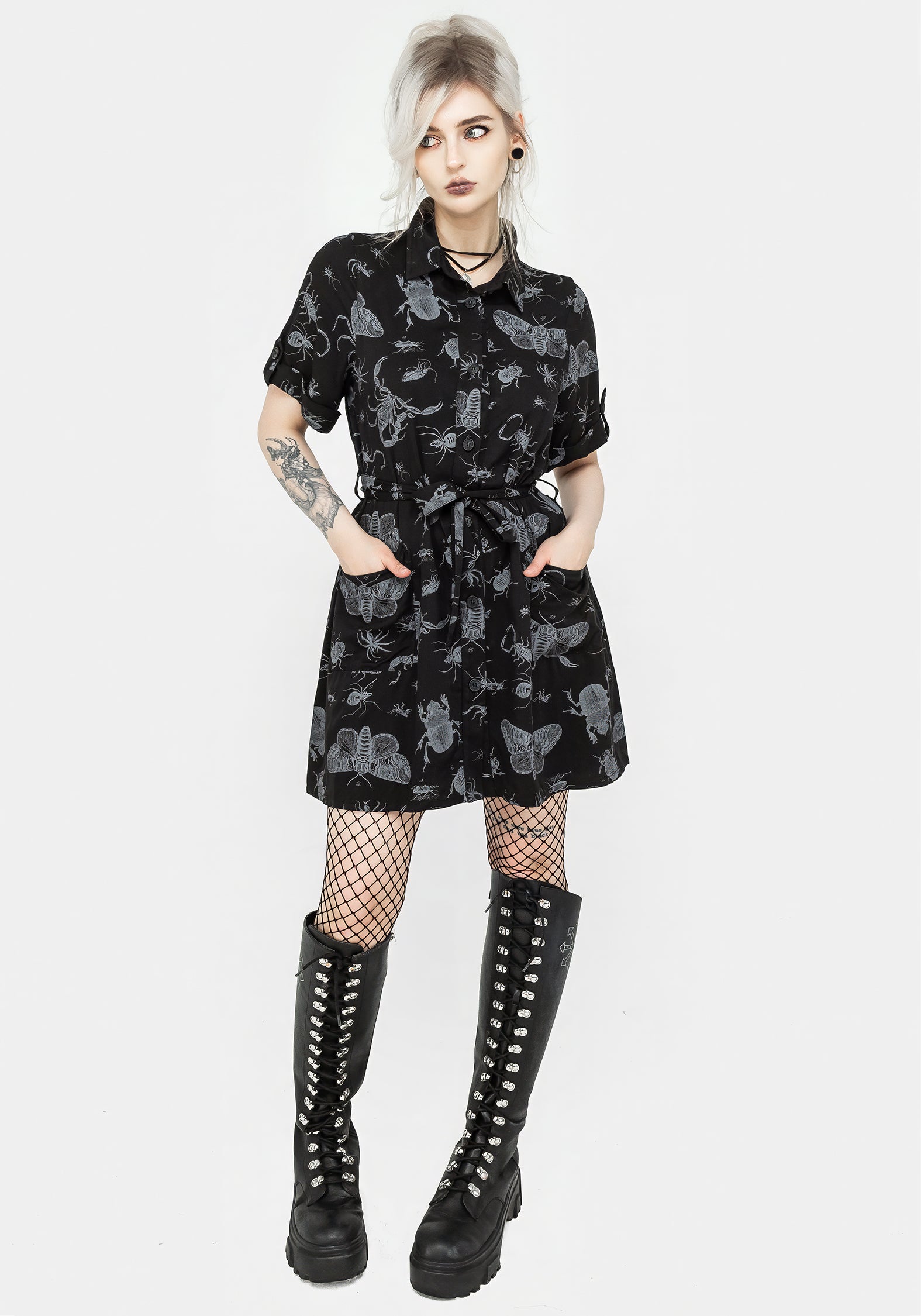 Disturbia | Parasite Bugs Short Sleeve Mini Shirt Dress - Black | Dresses