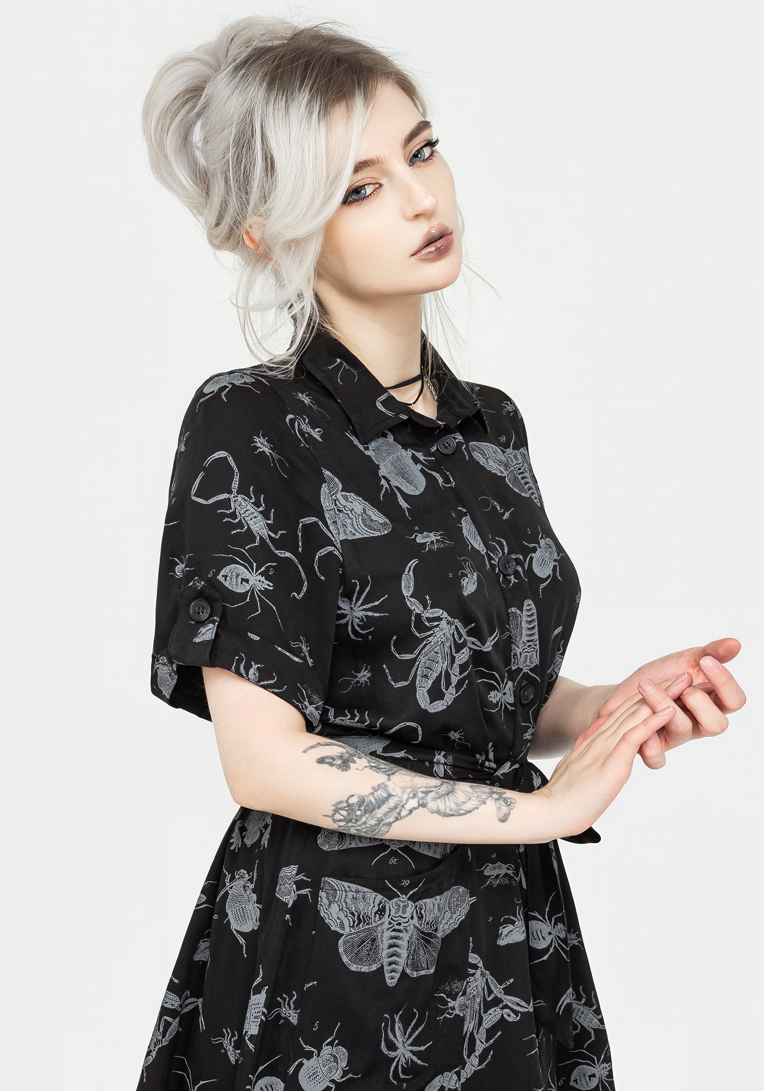 Disturbia | Parasite Bugs Short Sleeve Mini Shirt Dress - Black | Dresses