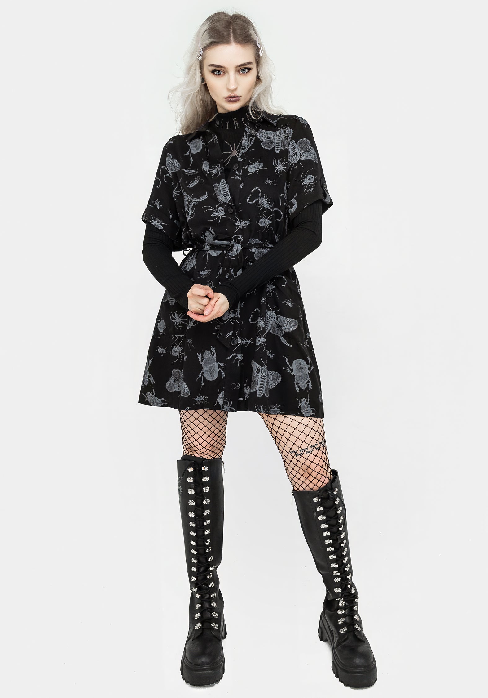 Disturbia | Parasite Bugs Short Sleeve Mini Shirt Dress - Black | Dresses