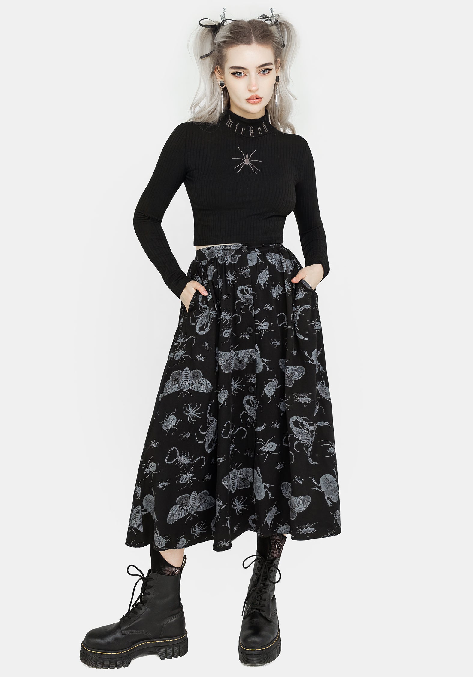 Disturbia | Parasite Bugs Button Front Midi Skirt - Black | Skirts