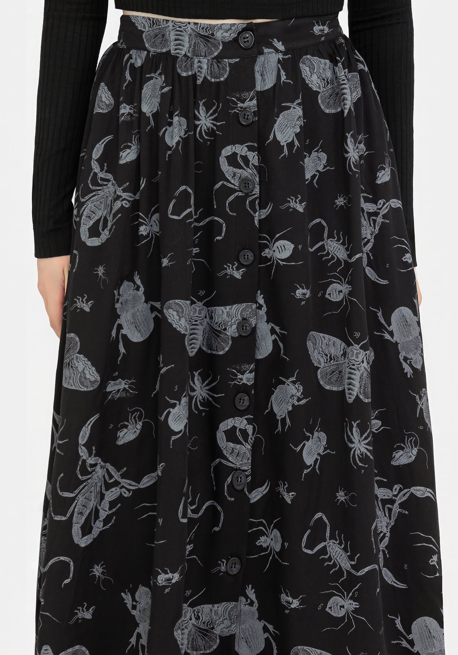 Disturbia | Parasite Bugs Button Front Midi Skirt - Black | Skirts