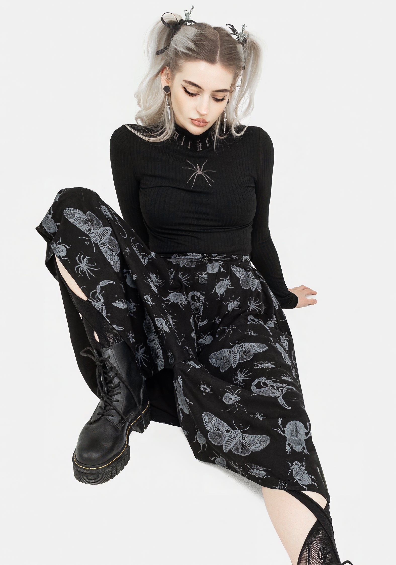 Disturbia | Parasite Bugs Button Front Midi Skirt - Black | Skirts