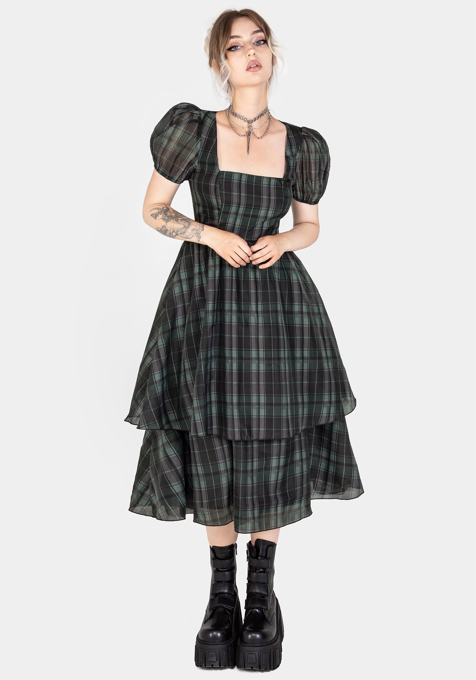 Disturbia | Checkmate Puff Sleeve Layered Organza Midi Dress | Dresses