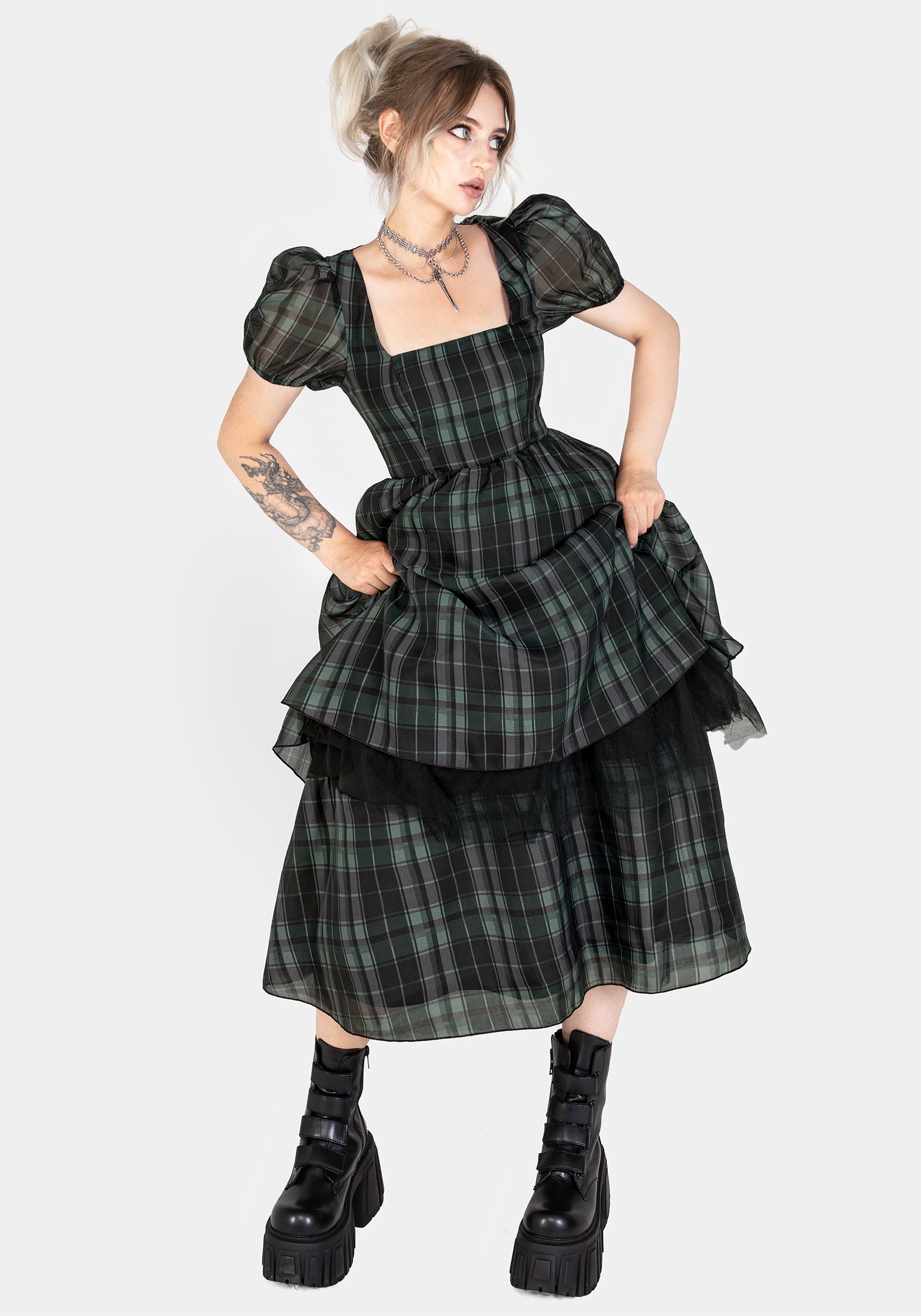 Disturbia | Checkmate Puff Sleeve Layered Organza Midi Dress | Dresses