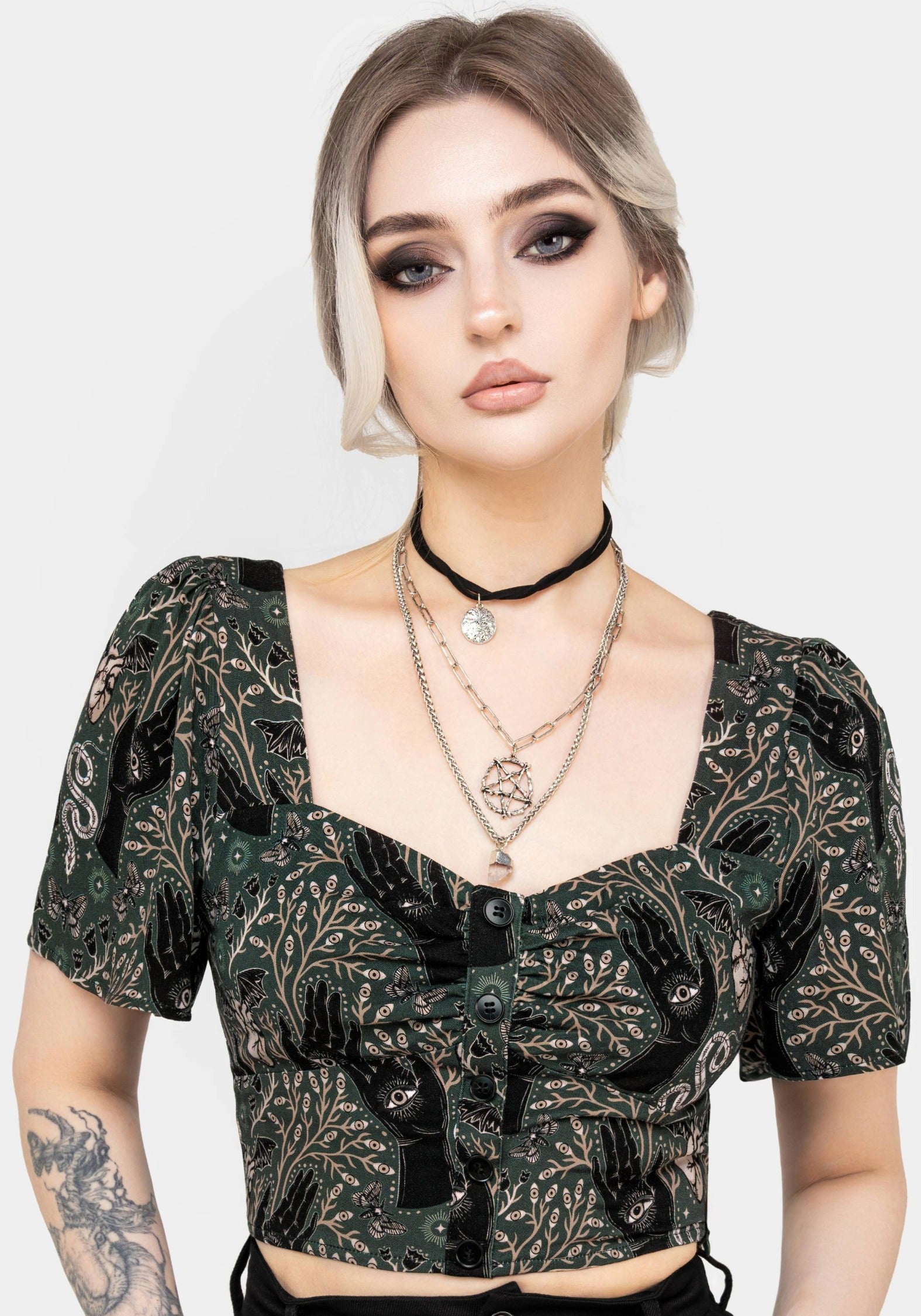 Disturbia | Hemlock Button Up Crop Top - Green | Tops