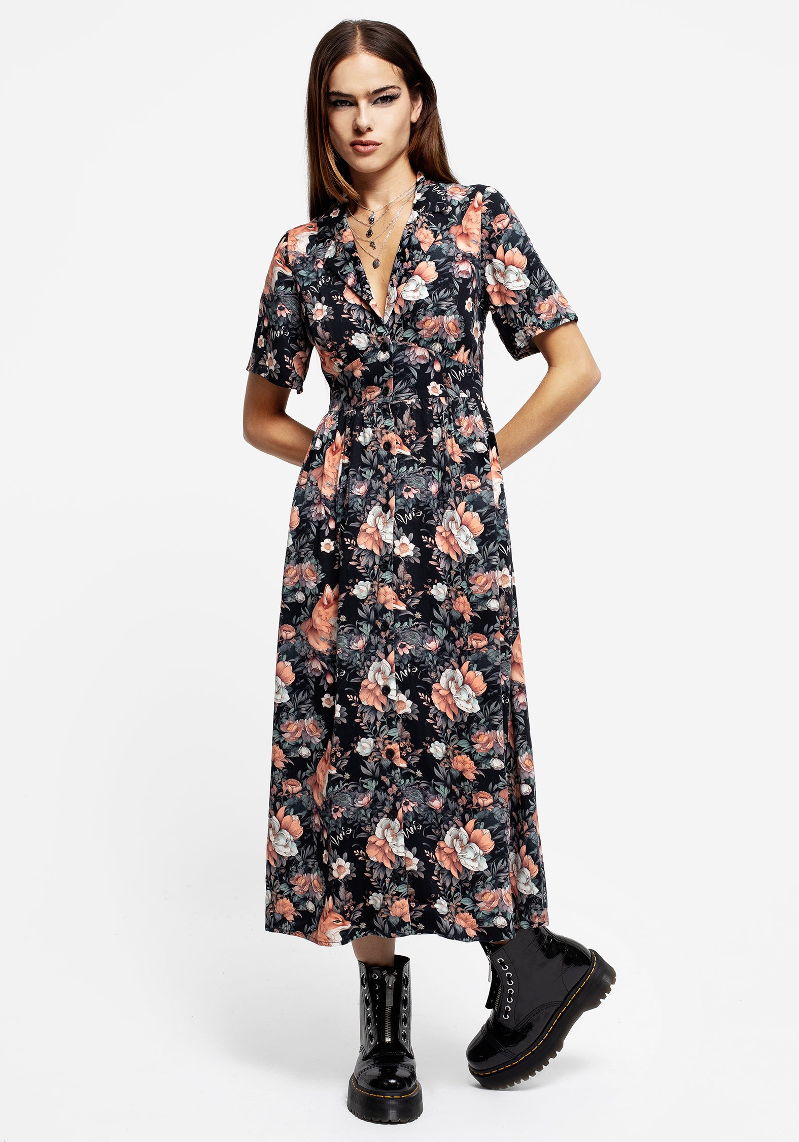 Disturbia | Reynard Fox Floral Print Midi Shirt Dress | Dresses