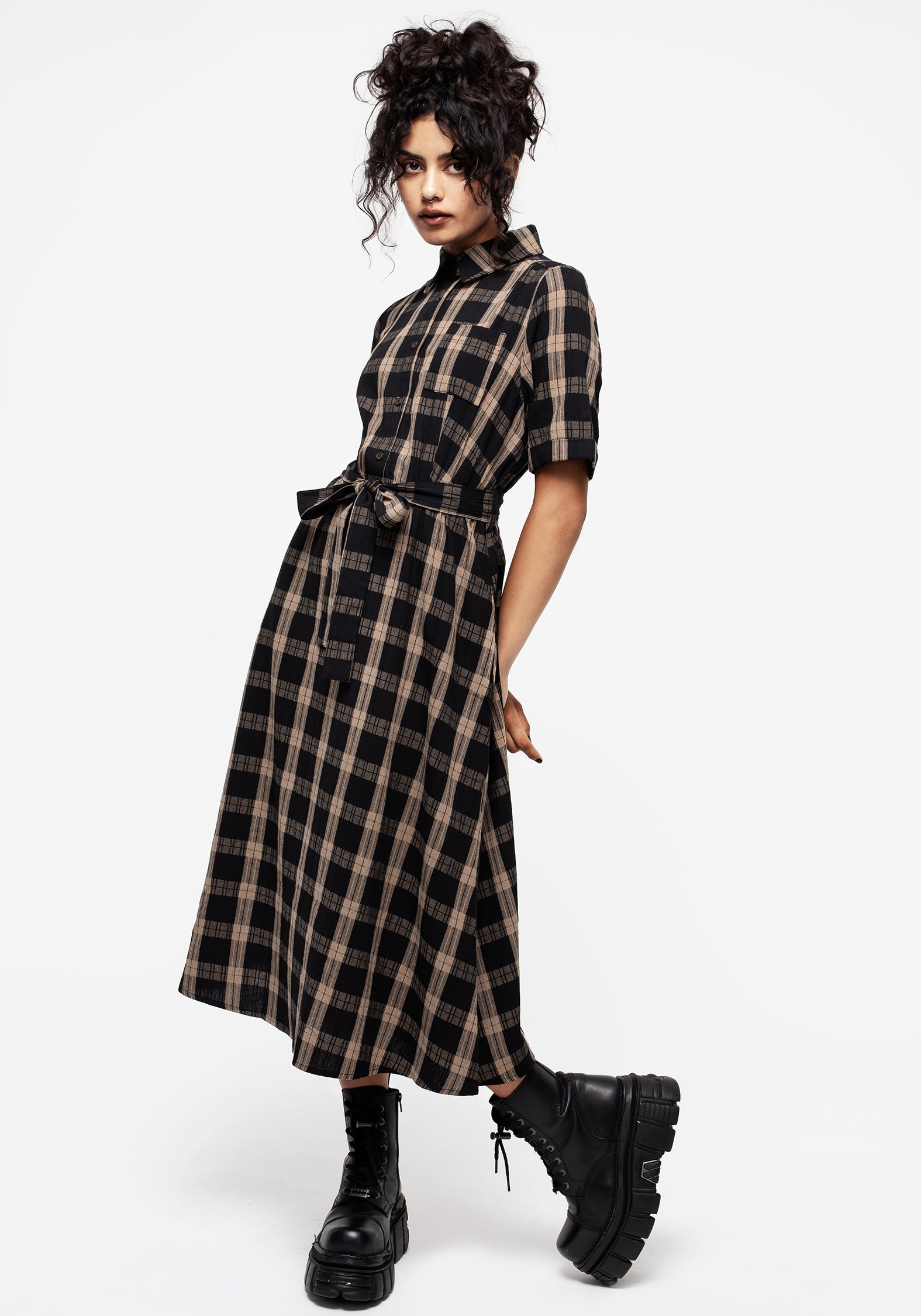 Disturbia | Rogue Check Cotton Midi Shirt Dress | Dresses