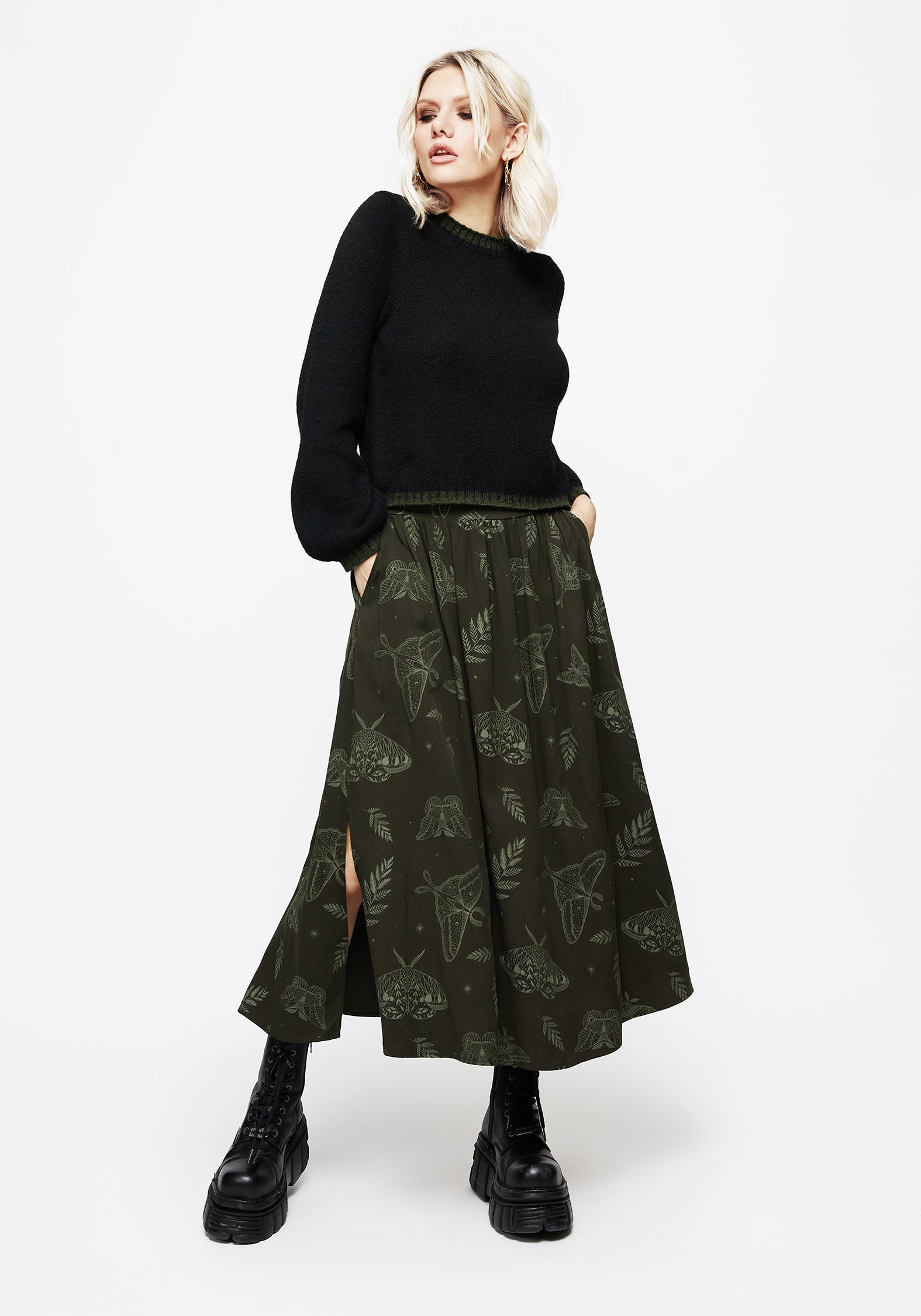 Disturbia | Callopistria Moth Print Midi Skirt - Green | Skirts