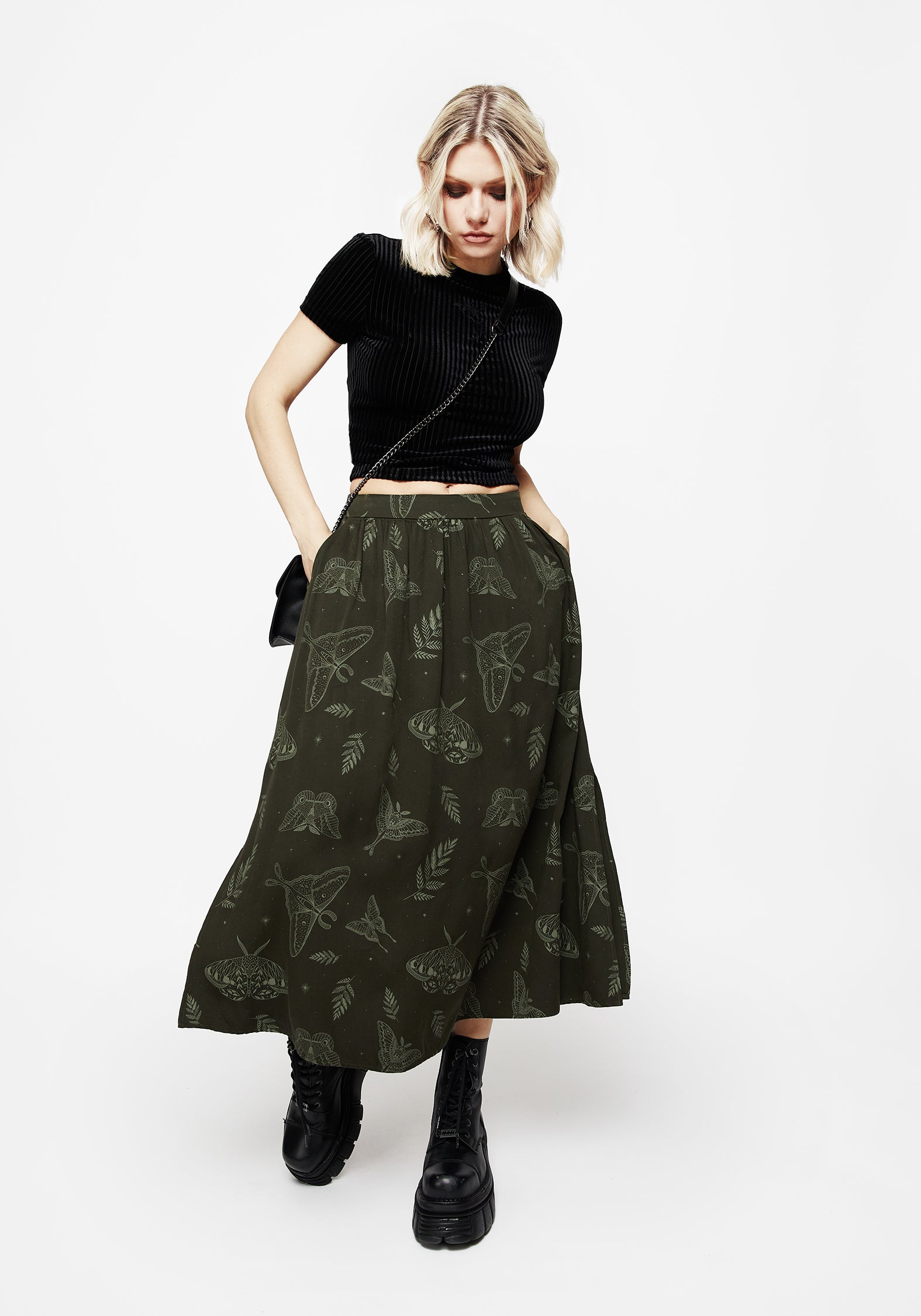 Disturbia | Callopistria Moth Print Midi Skirt - Green | Skirts