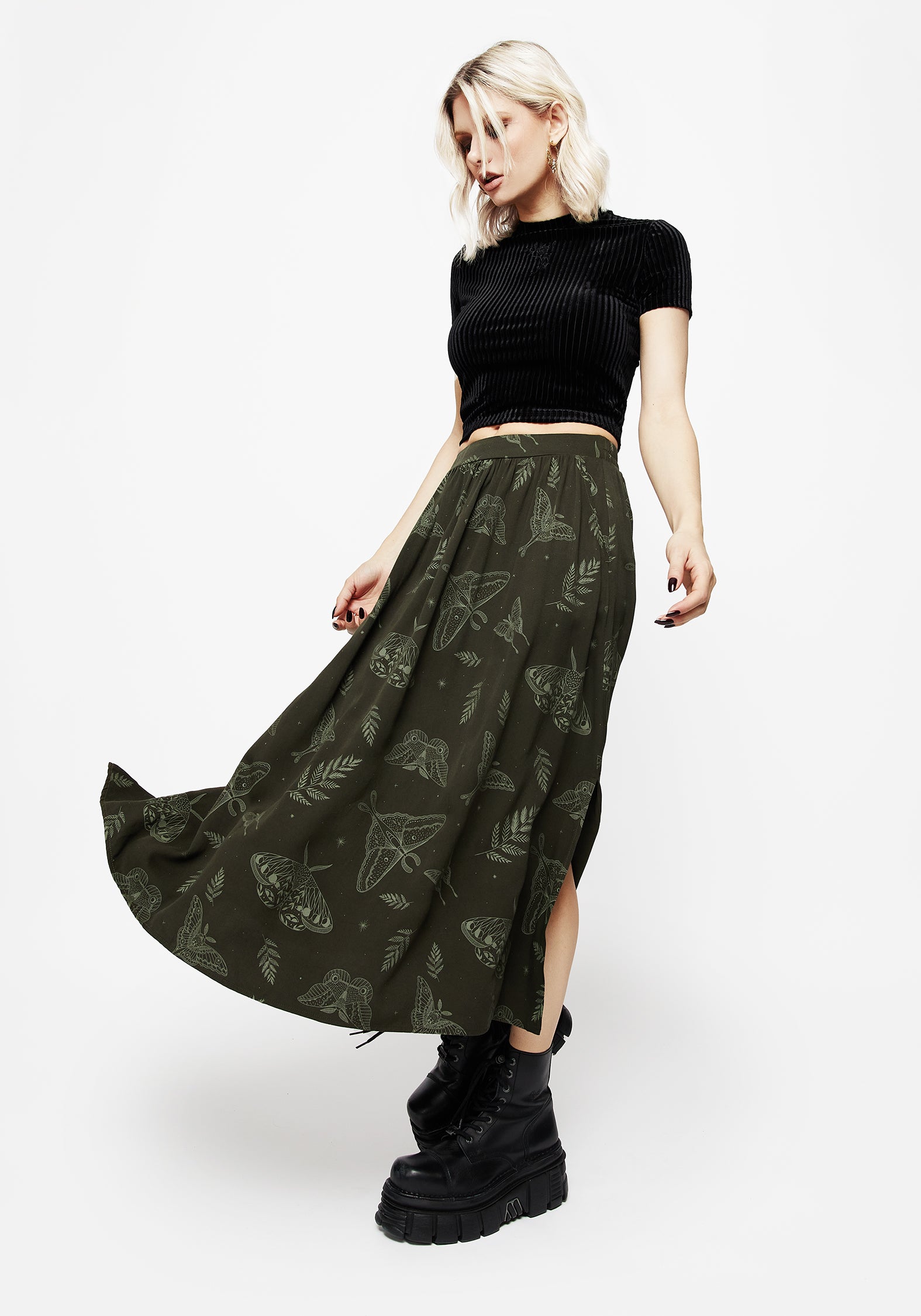 Disturbia | Callopistria Moth Print Midi Skirt - Green | Skirts