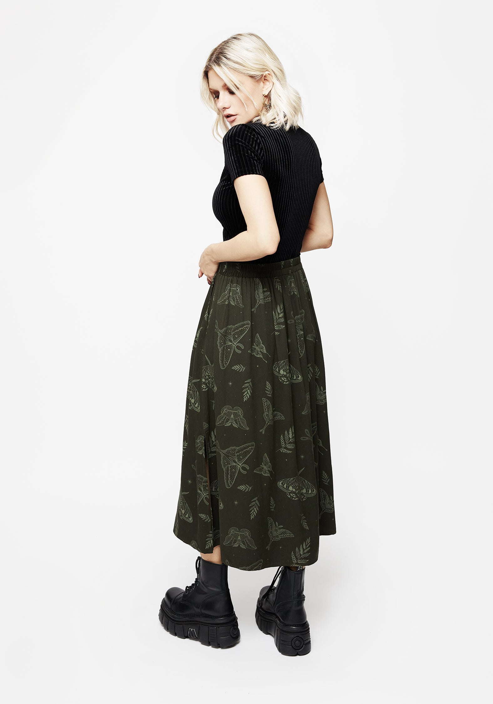 Disturbia | Callopistria Moth Print Midi Skirt - Green | Skirts