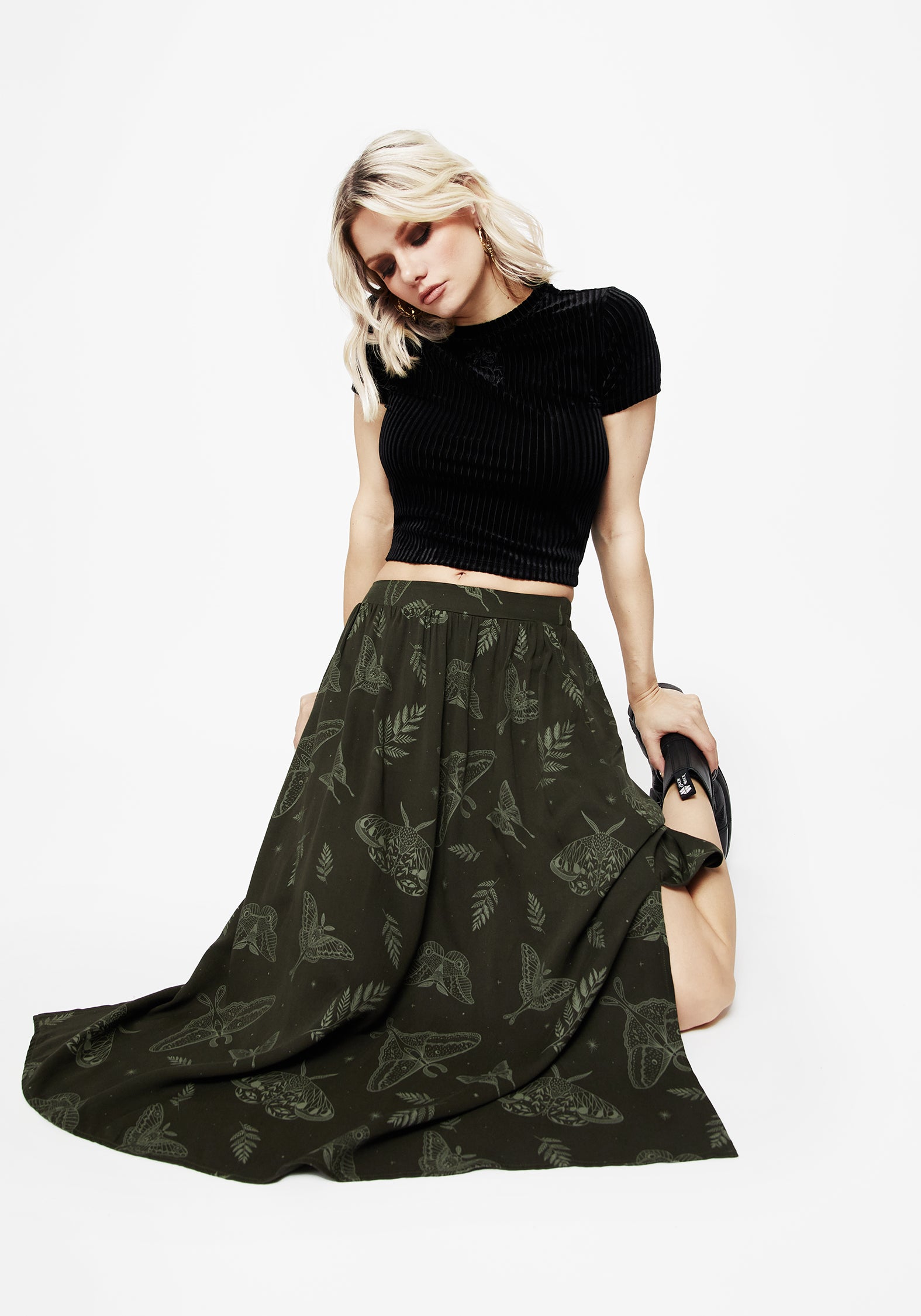 Disturbia | Callopistria Moth Print Midi Skirt - Green | Skirts