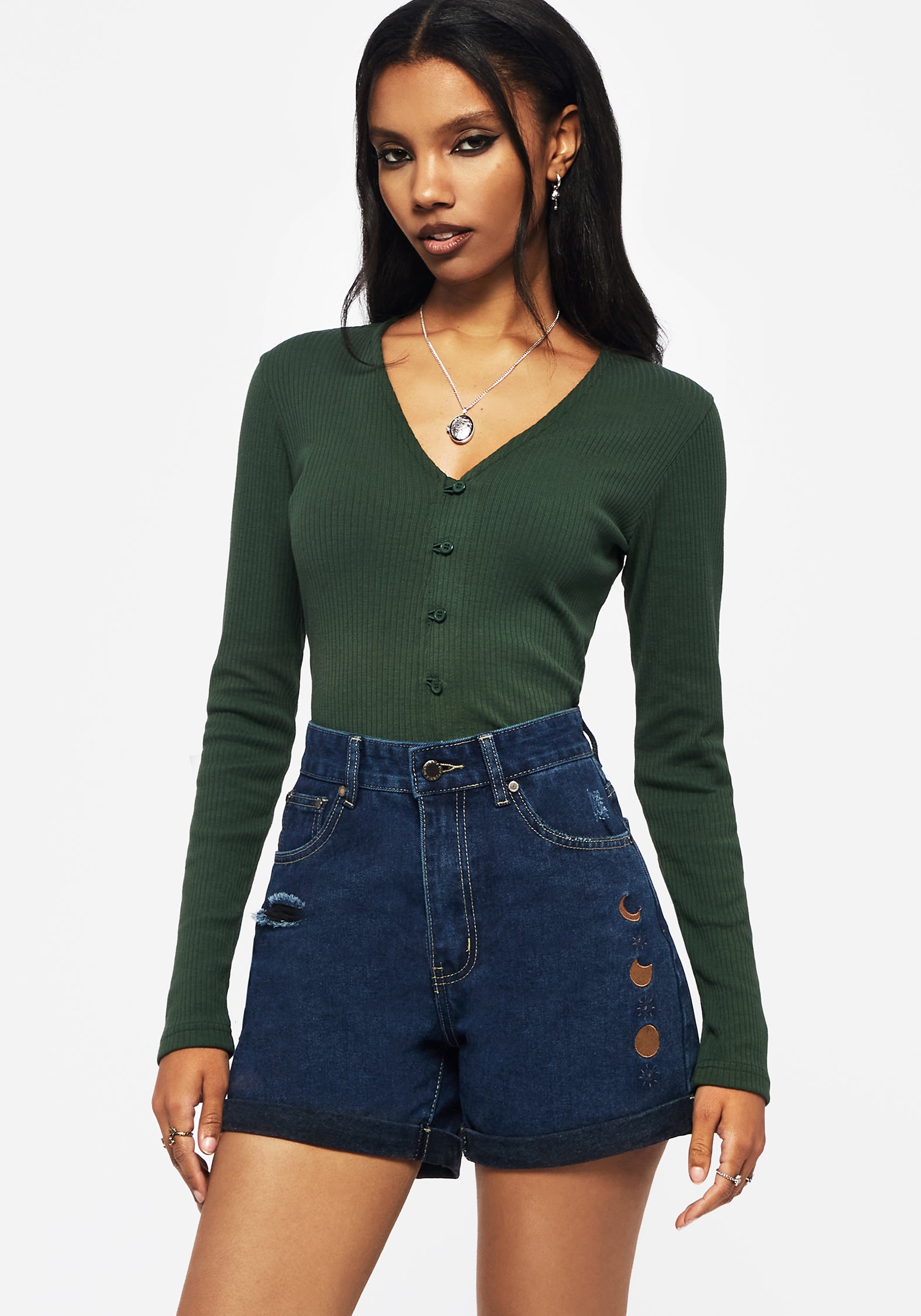 Griffinfly Embroidered Distressed Denim Shorts - Blue – Disturbia